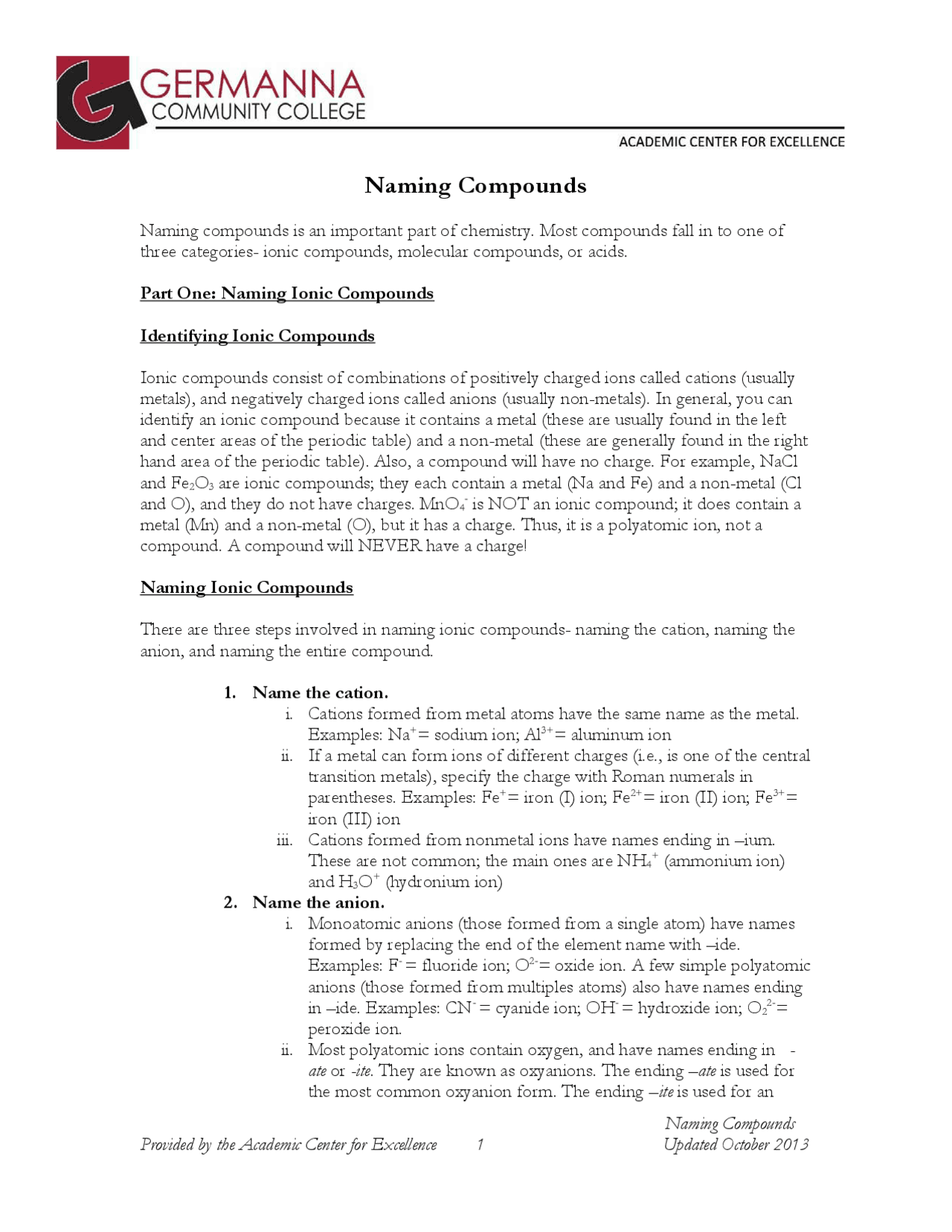 Naming Compounds Lecture Notes Chemistry Docsity