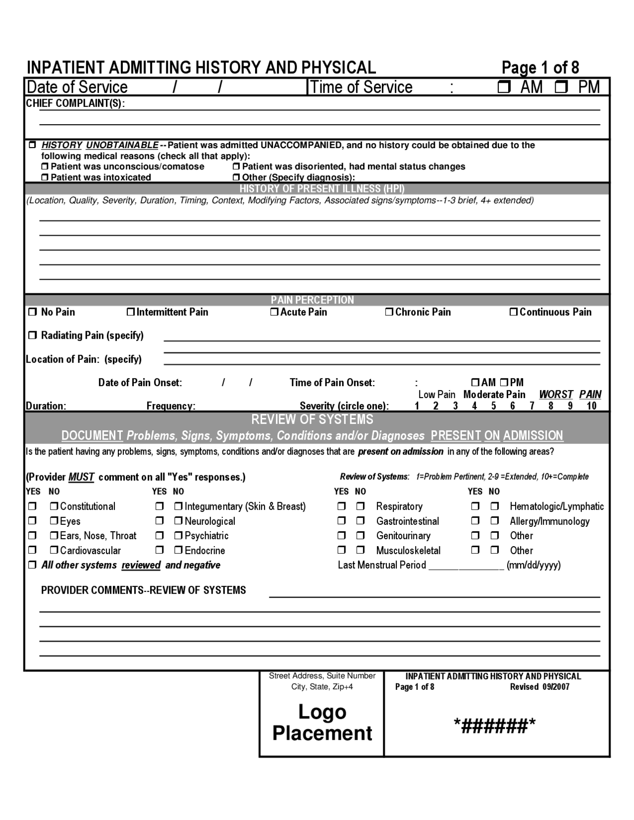 Exam Template--Inpatient Admitting History and Physical | Exams History ...