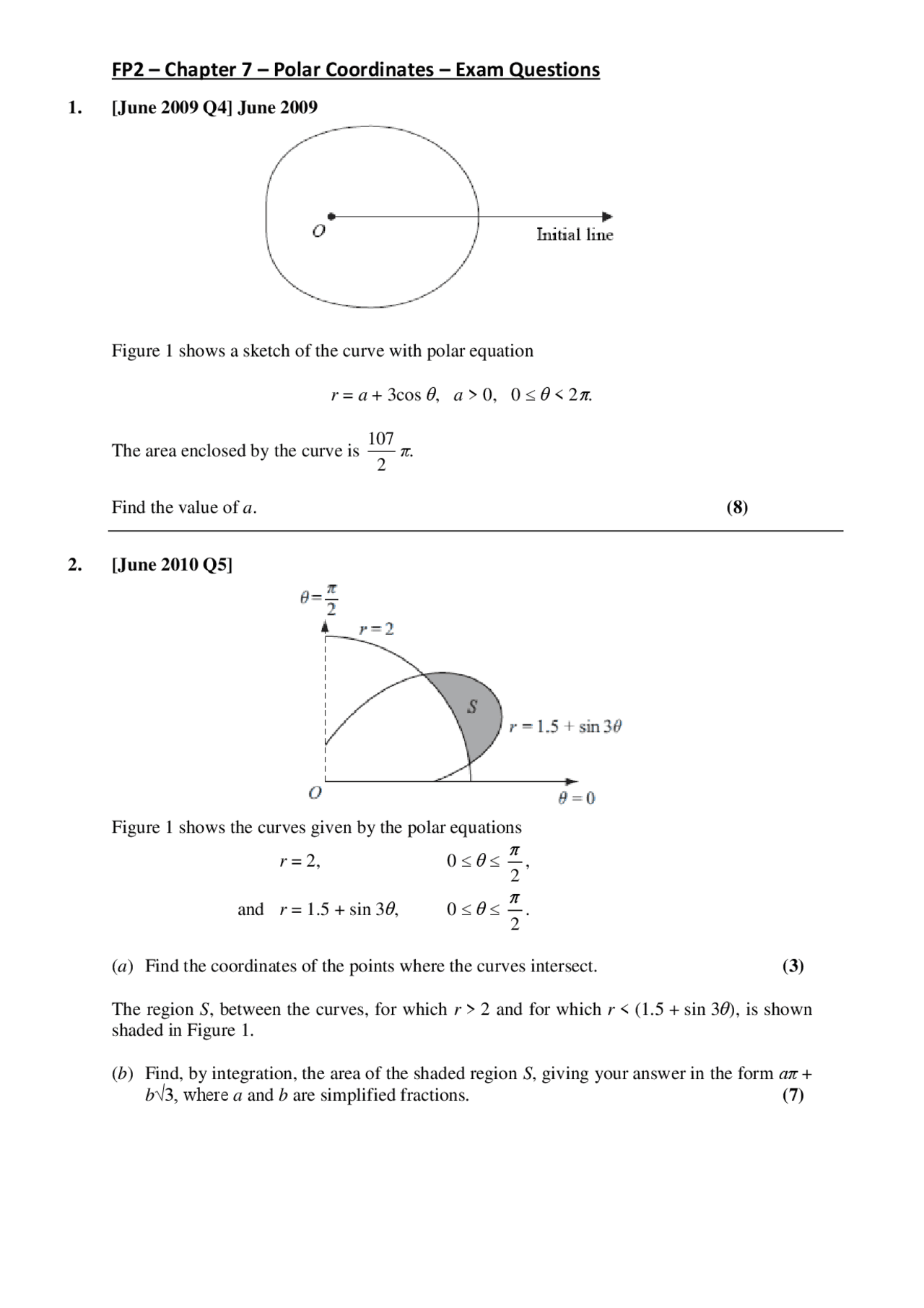 Fp2 Chapter 7 Polar Coordinates Exam Questions Exercises