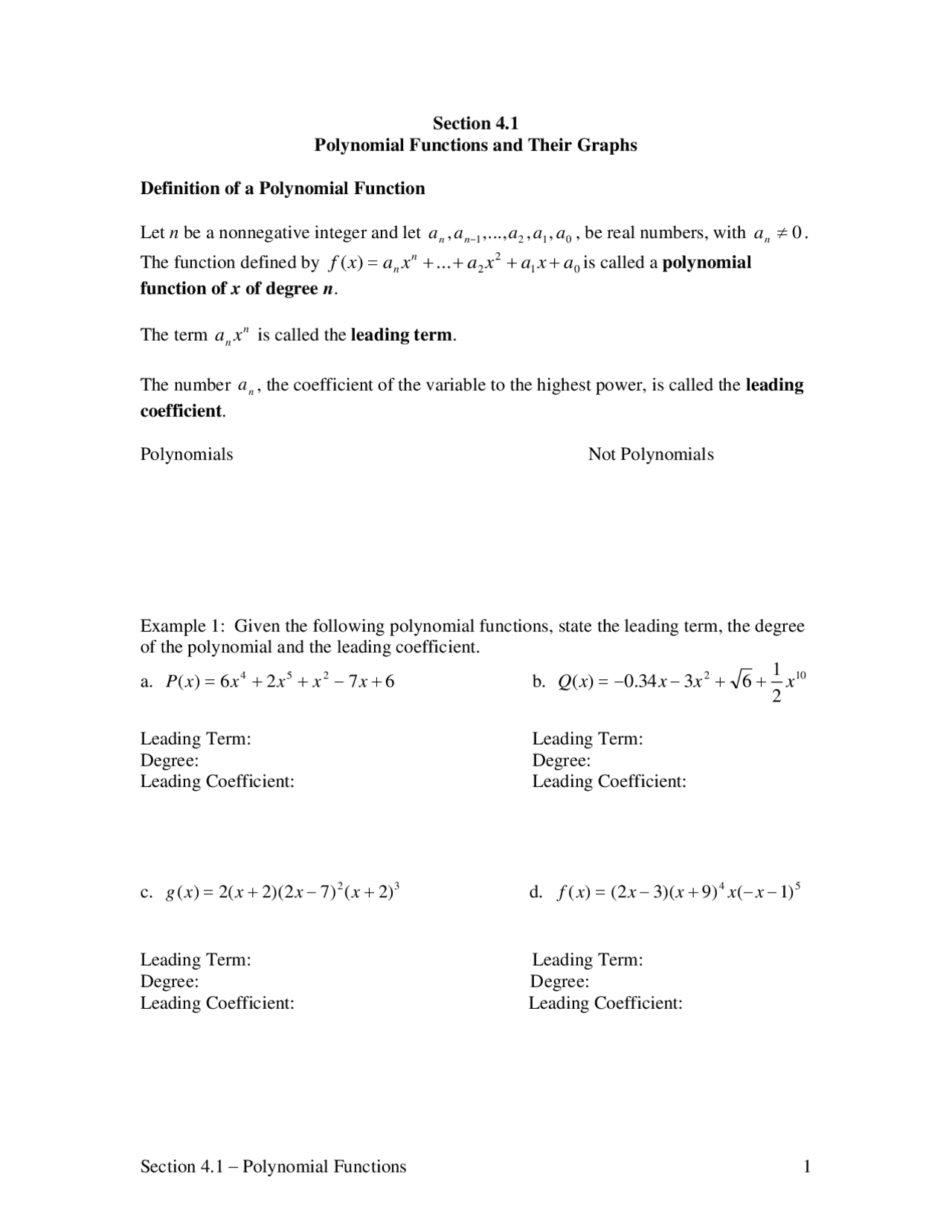 Section 4.1 – Polynomial Functions | Lecture notes Calculus | Docsity