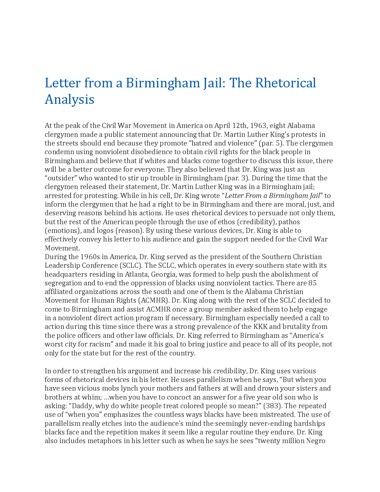 Letter from a Birmingham Jail: The Rhetorical Analysis | Lecture notes ...