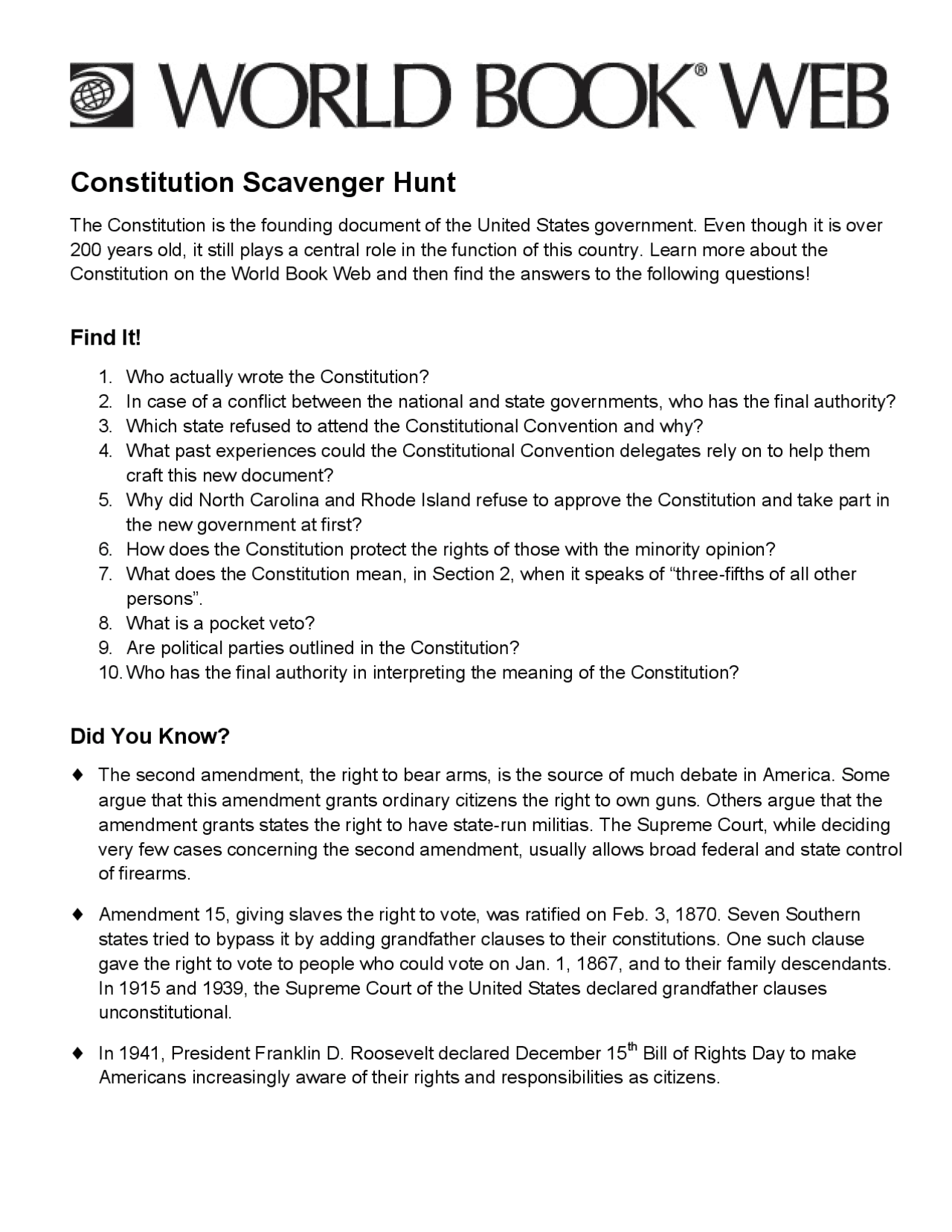 Constitution Scavenger Hunt Schemes And Mind Maps History Docsity