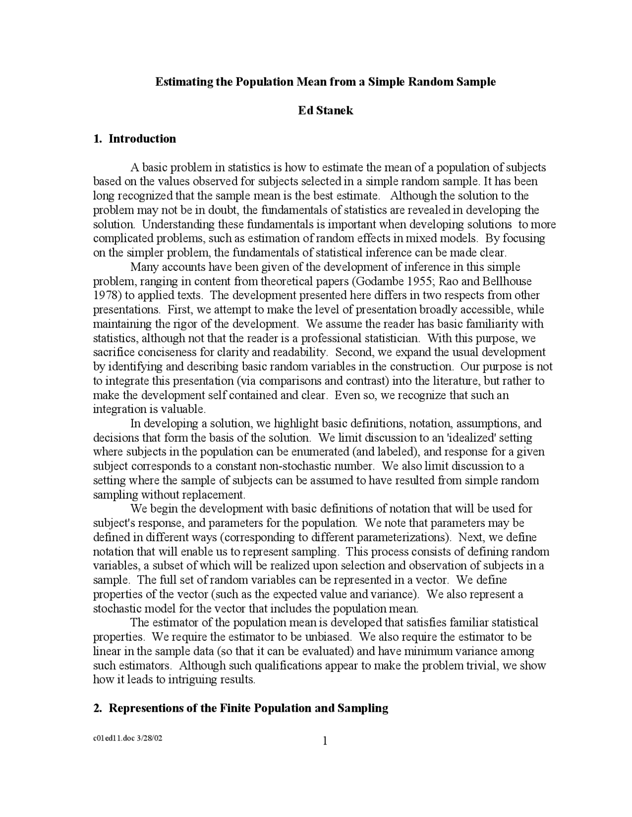 1 Estimating the Population Mean from a Simple Random ... | Study notes ...