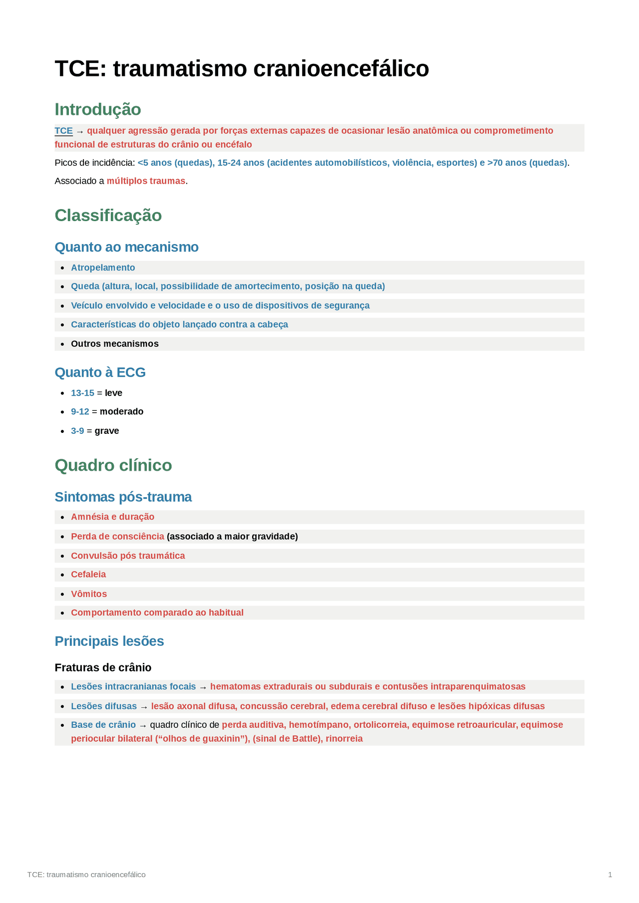 Traumatismo Cranioencefálico (TCE) | Notas de estudo Neurologia | Docsity