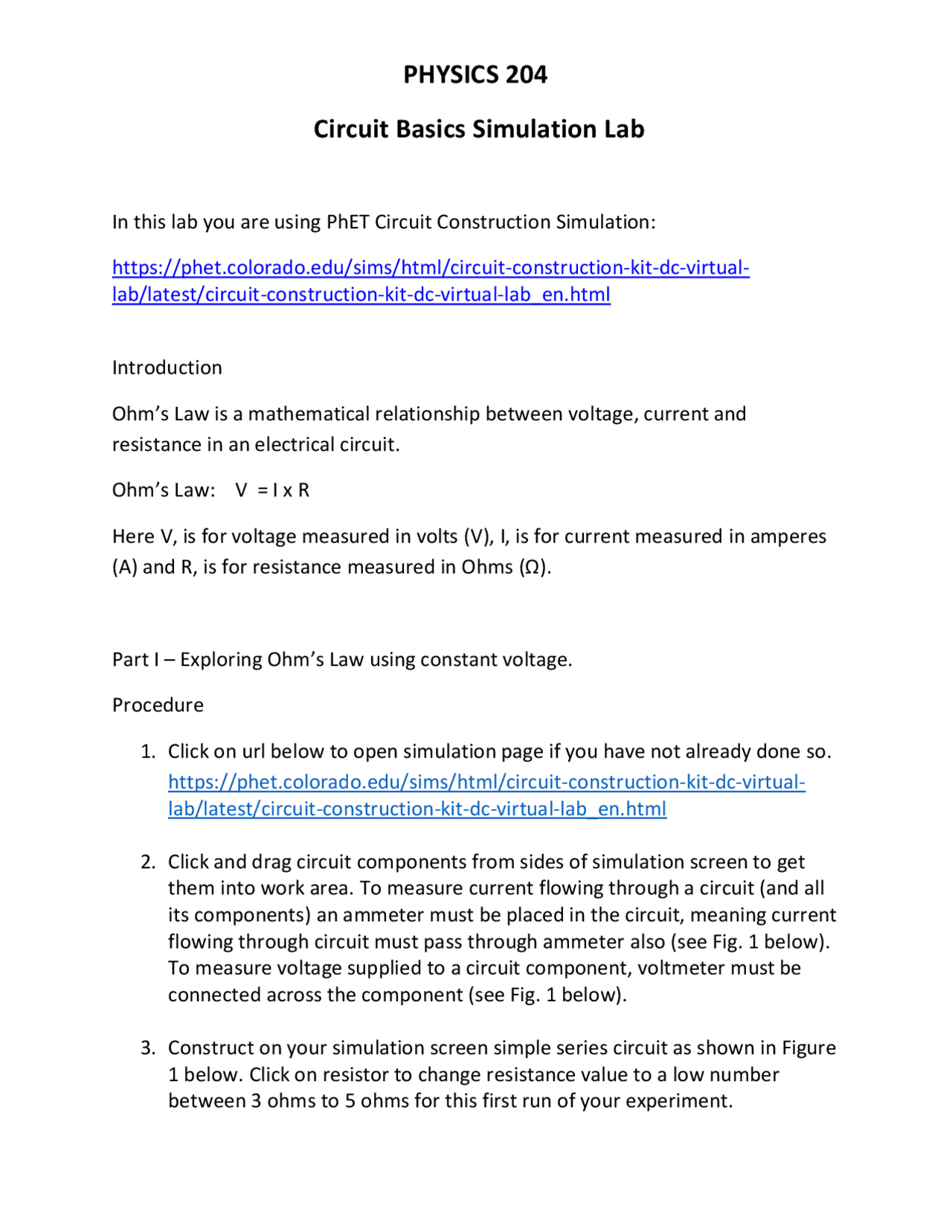 Physics 204 Circuit Basics Simulation Lab Summaries Construction