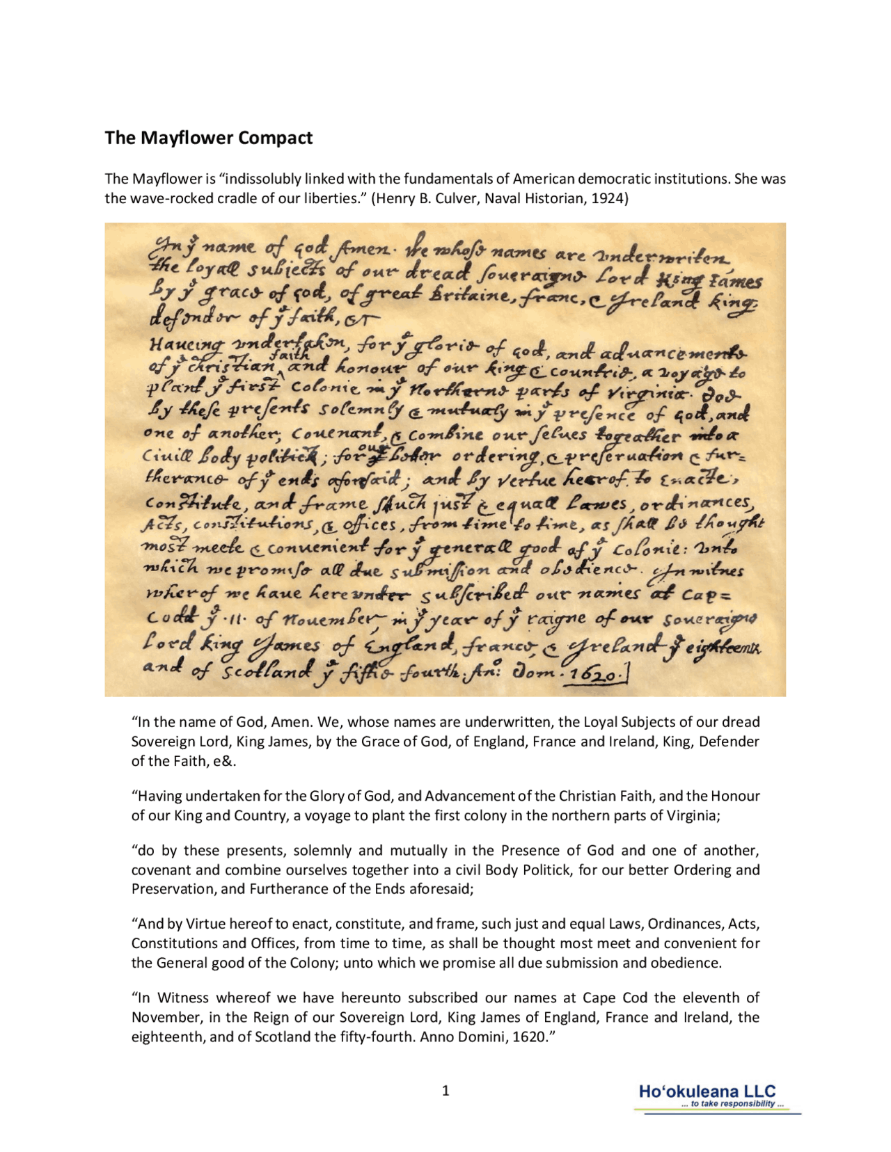 The Mayflower Compact | Lecture notes English | Docsity