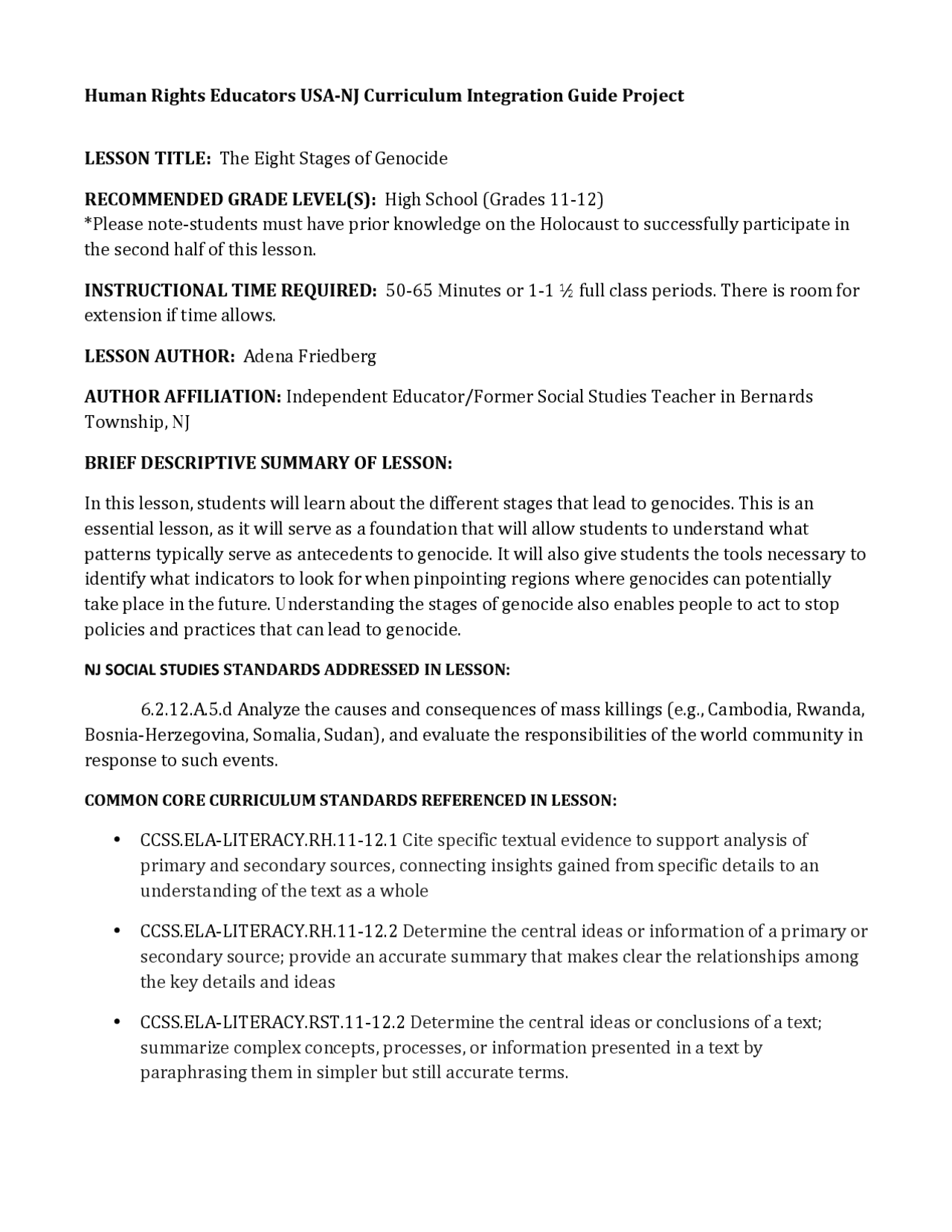 LESSON TITLE: The Eight Stages of Genocide | HRE USA | Study notes ...