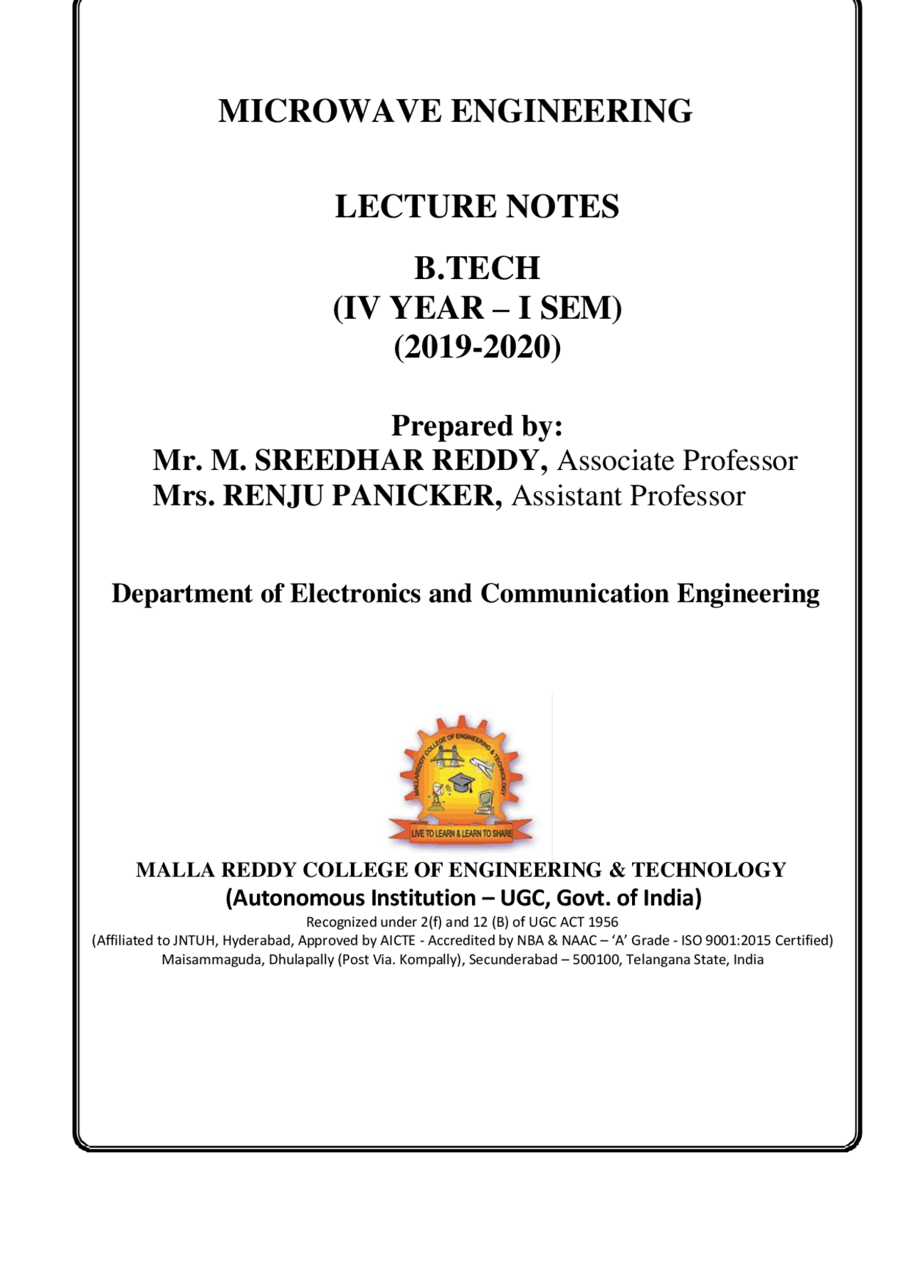 Microwave Engineering Lecture Notes Btech Iv Lecture Notes