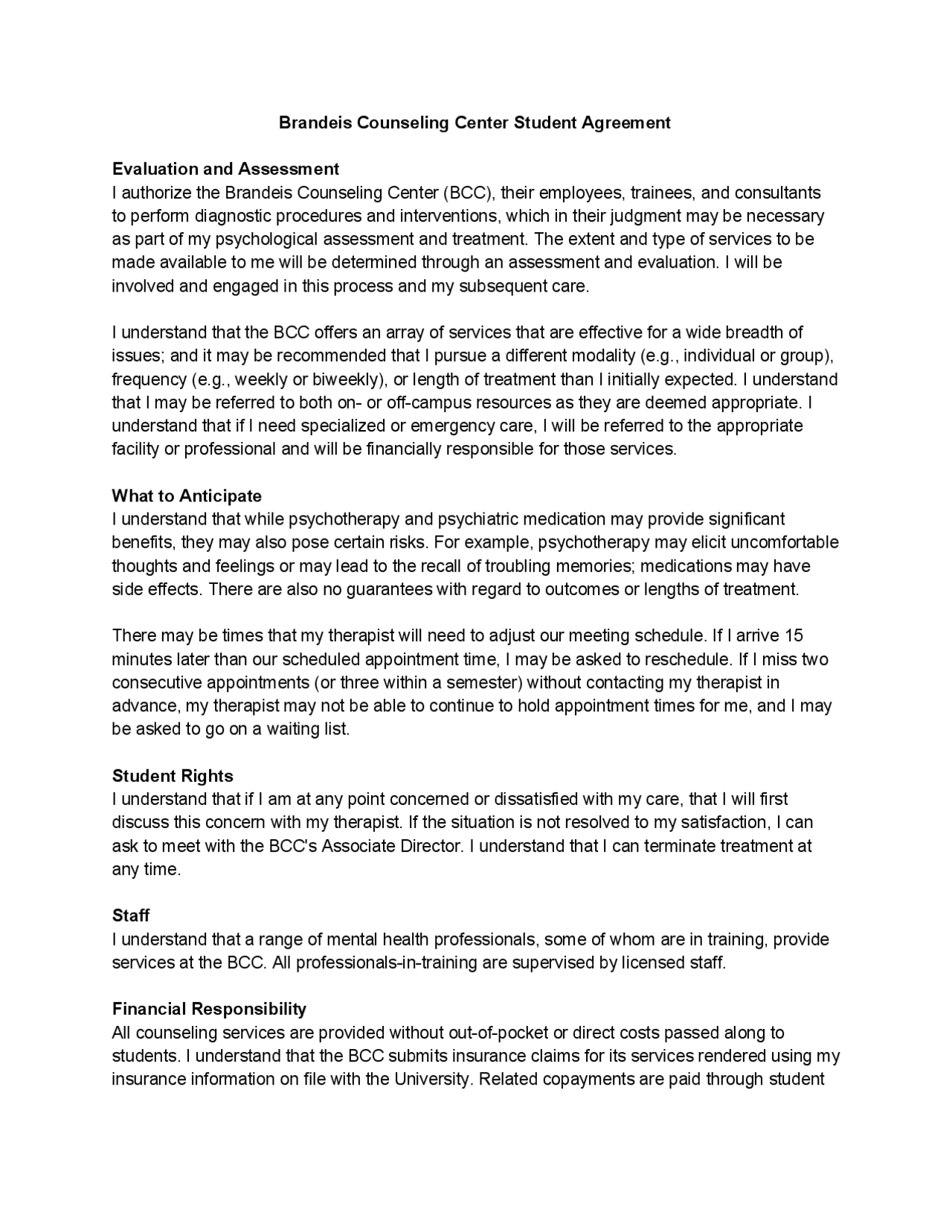 Brandeis Counseling Center Student Agreement | Slides Psychotherapy ...