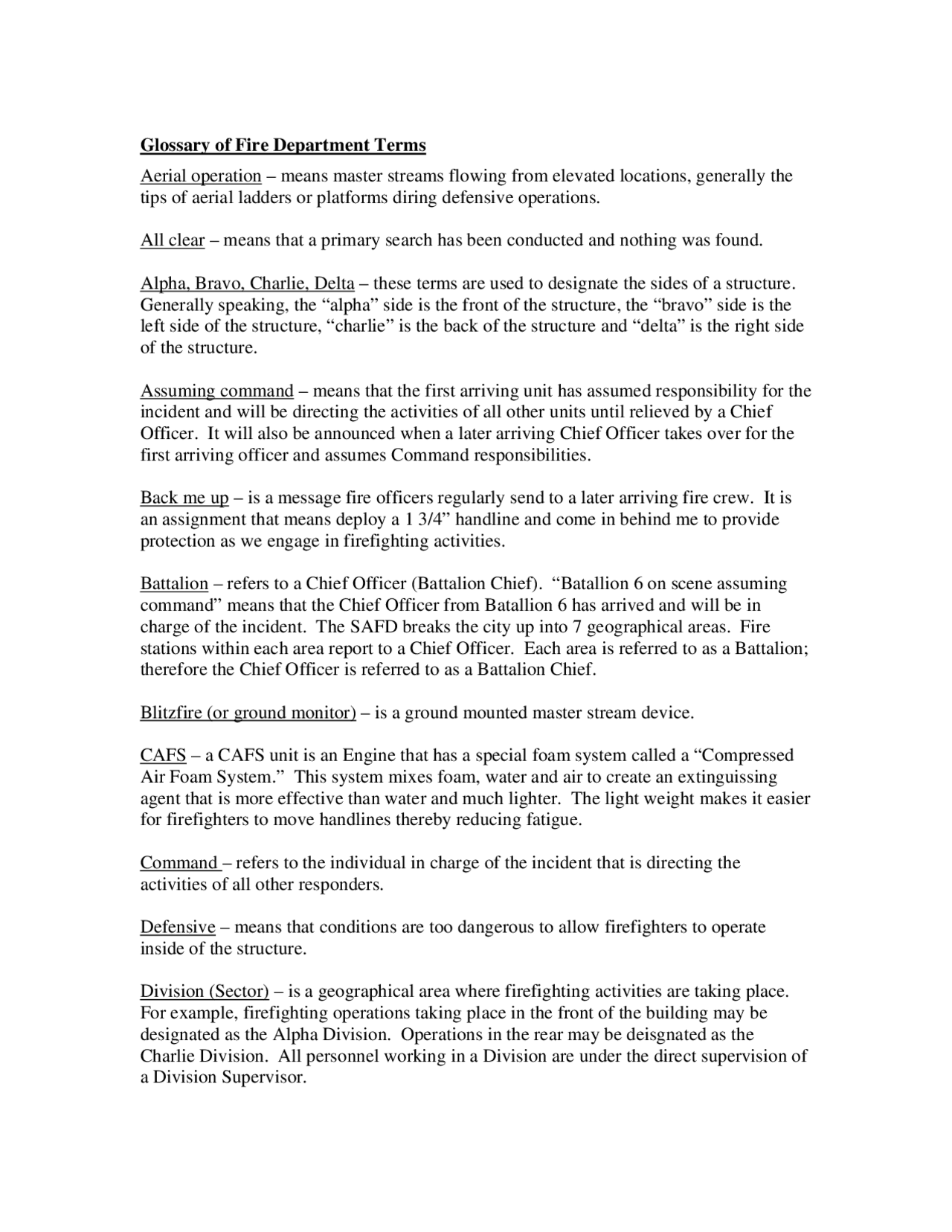 Glossary of Fire Department Terms Aerial operation – means ...