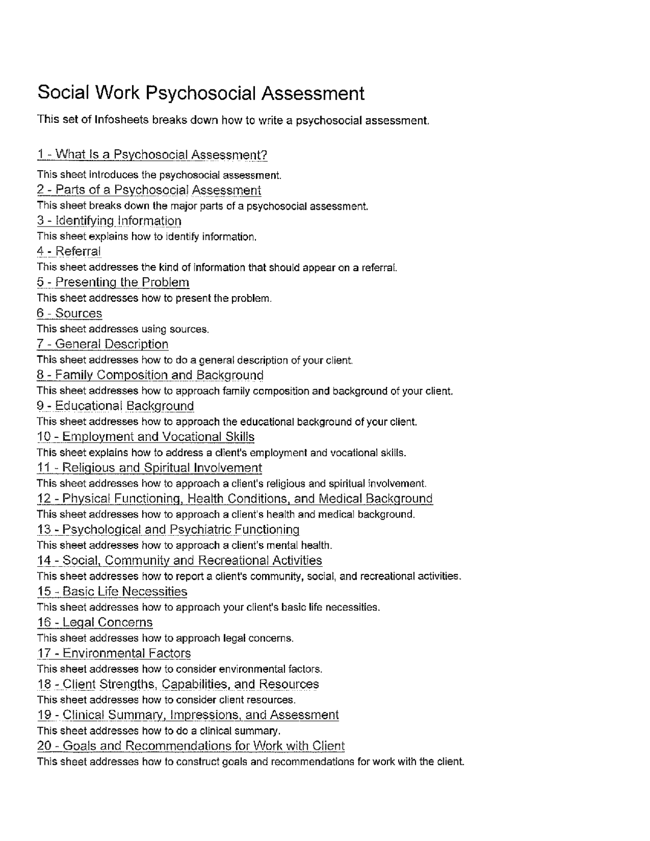 Social Work Psychosocial Assessment | Lecture notes Social Work | Docsity