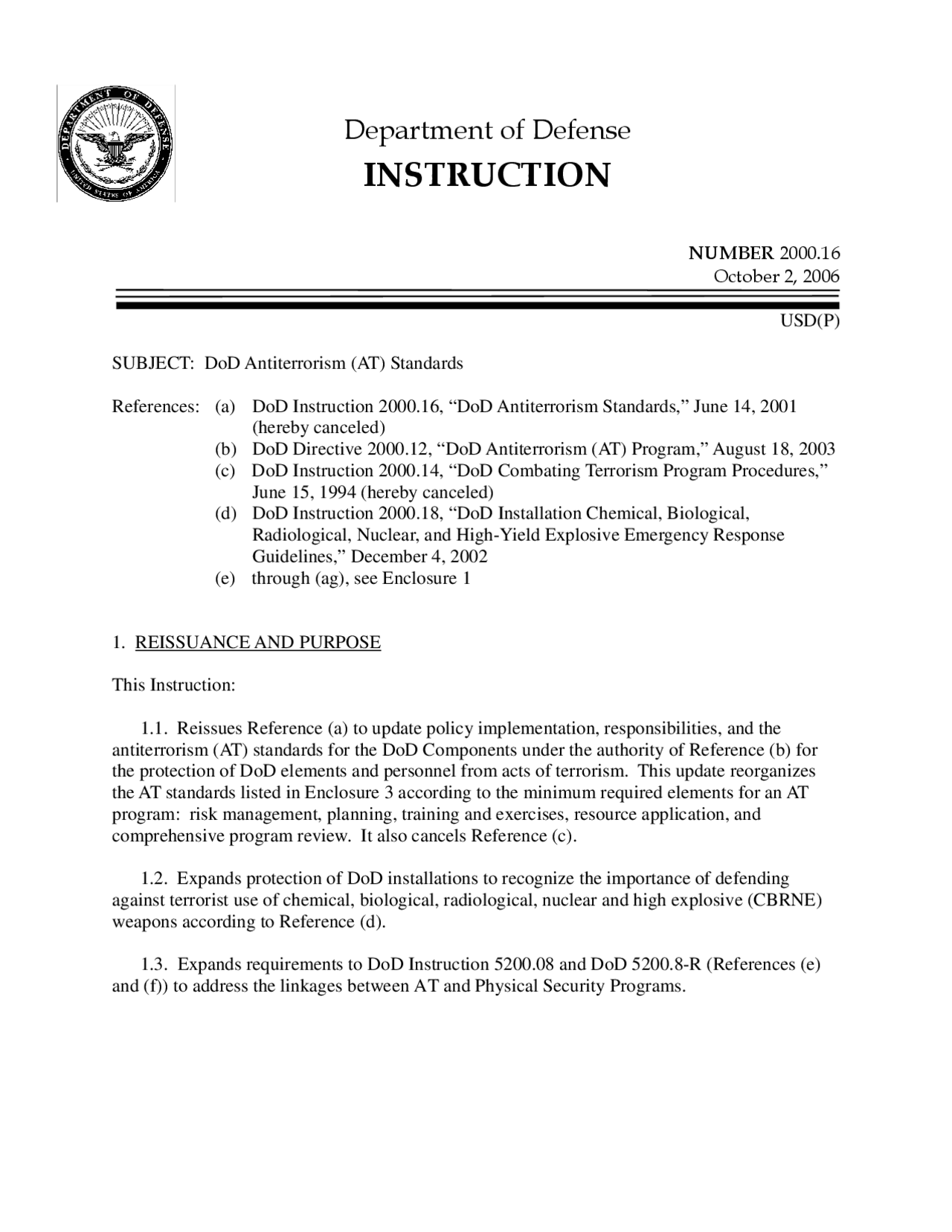 DoD Instruction 2000.16, October 2, 2006 | Slides Law | Docsity