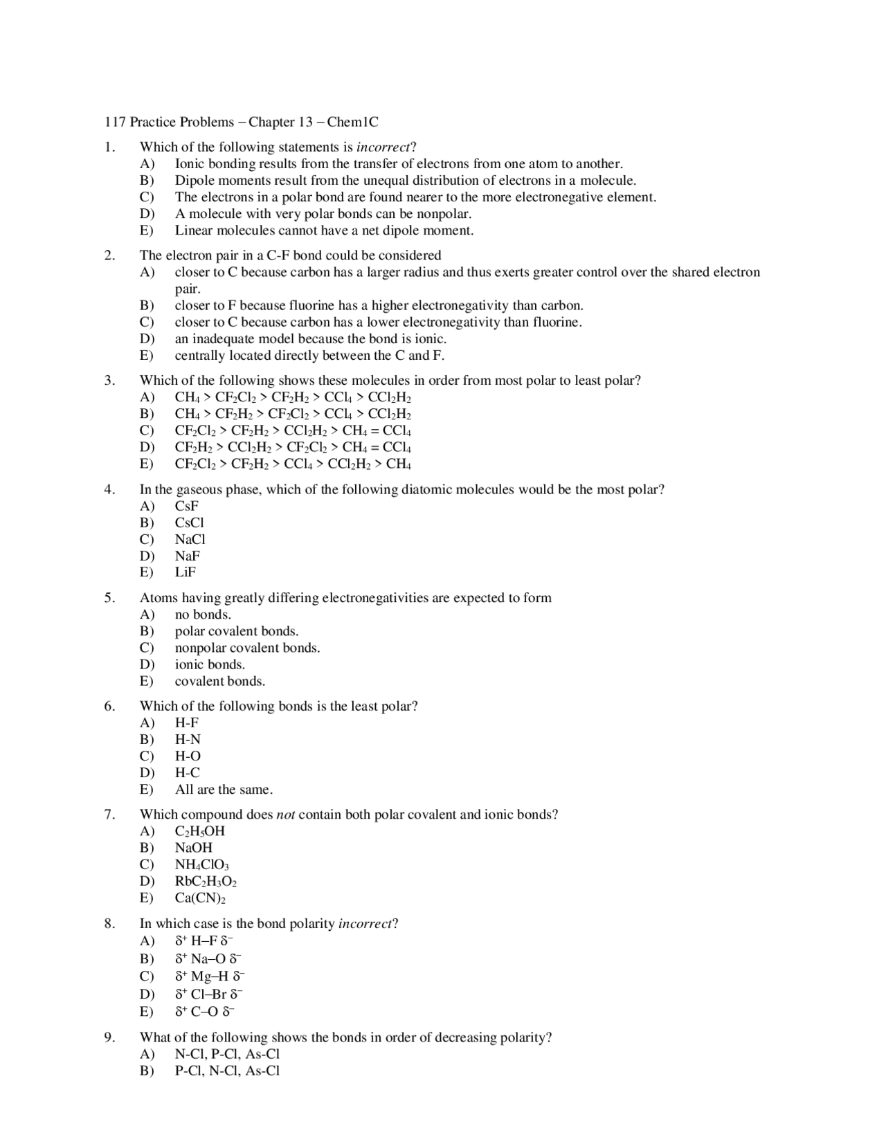 117 Practice Problems – Chapter 13 | Slides Molecular Structure | Docsity