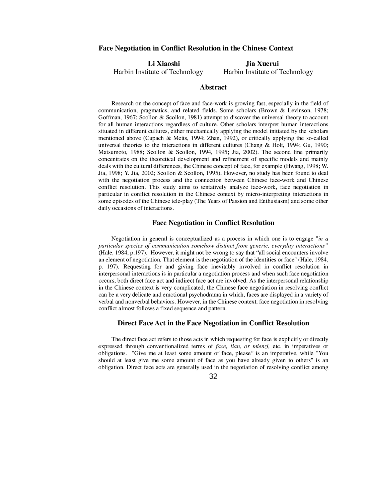 Face Negotiation In Conflict Resolution In The Chinese Context