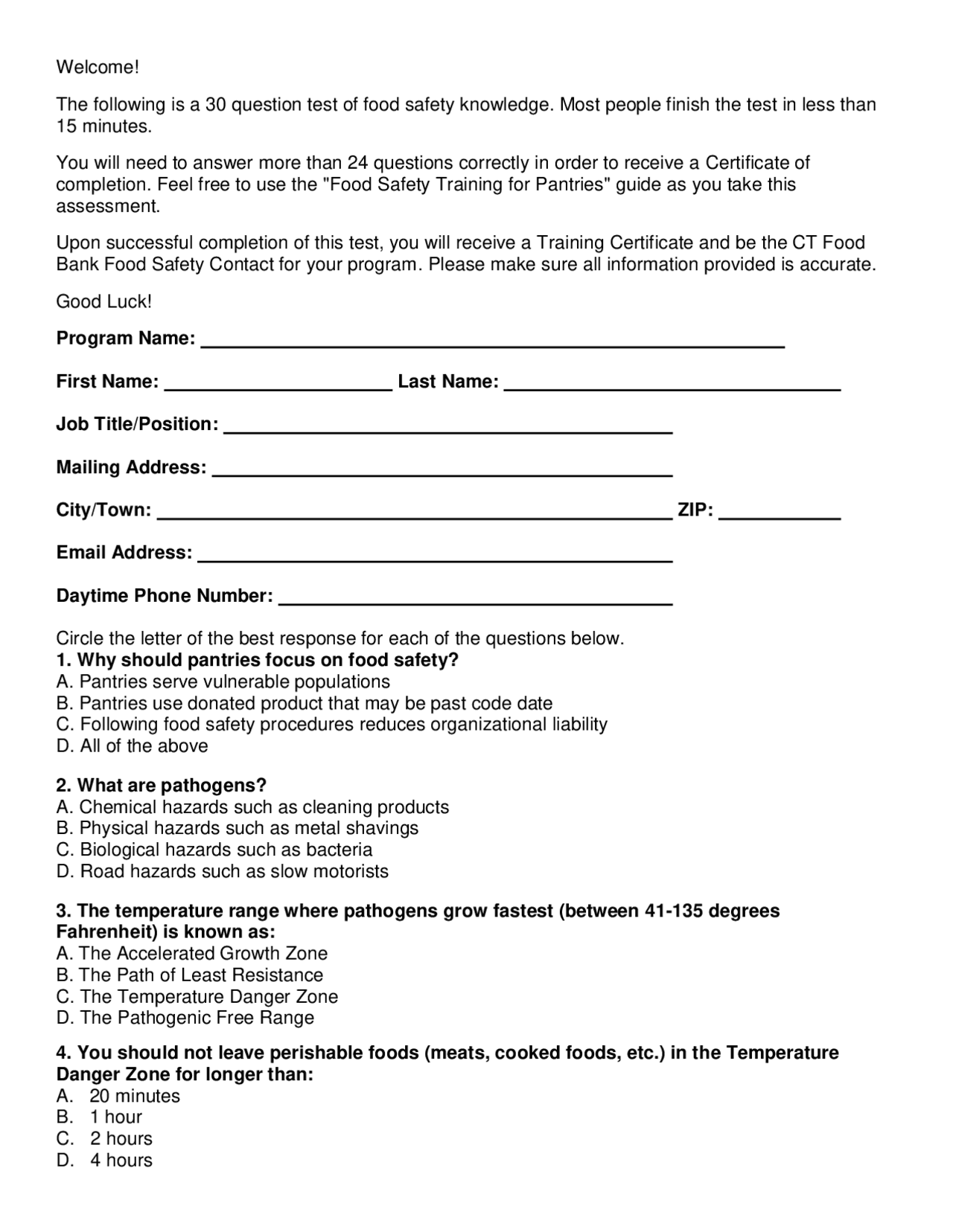 Food-Safety-Test.pdf | Exams Food science | Docsity