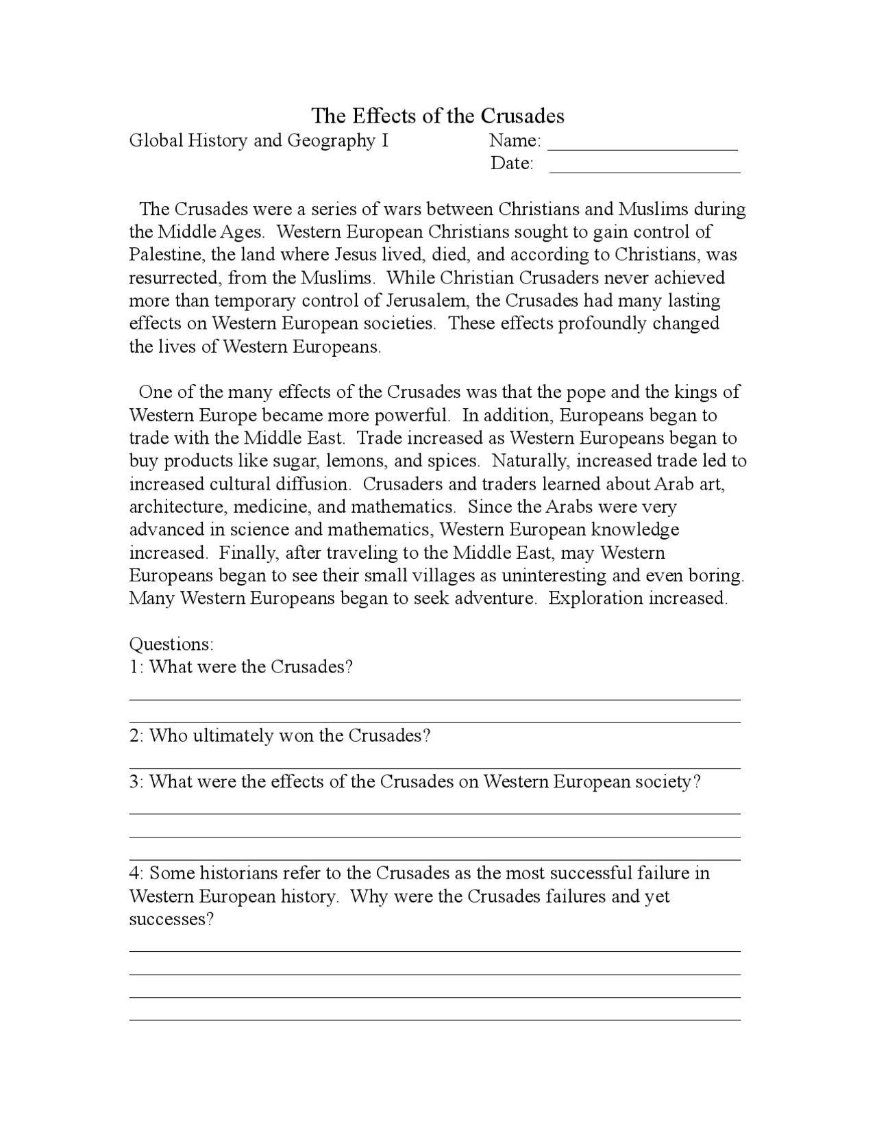 The Effects of the Crusades | Lecture notes Mathematics | Docsity