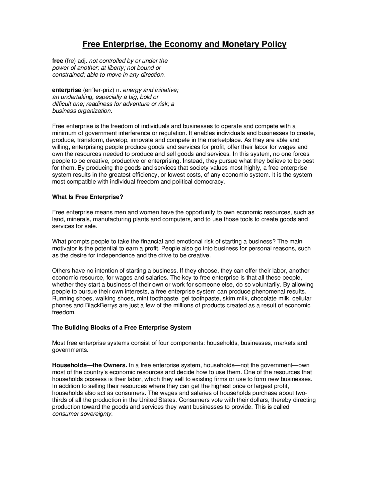 Free Enterprise, the Economy and Monetary Policy | Slides Business ...