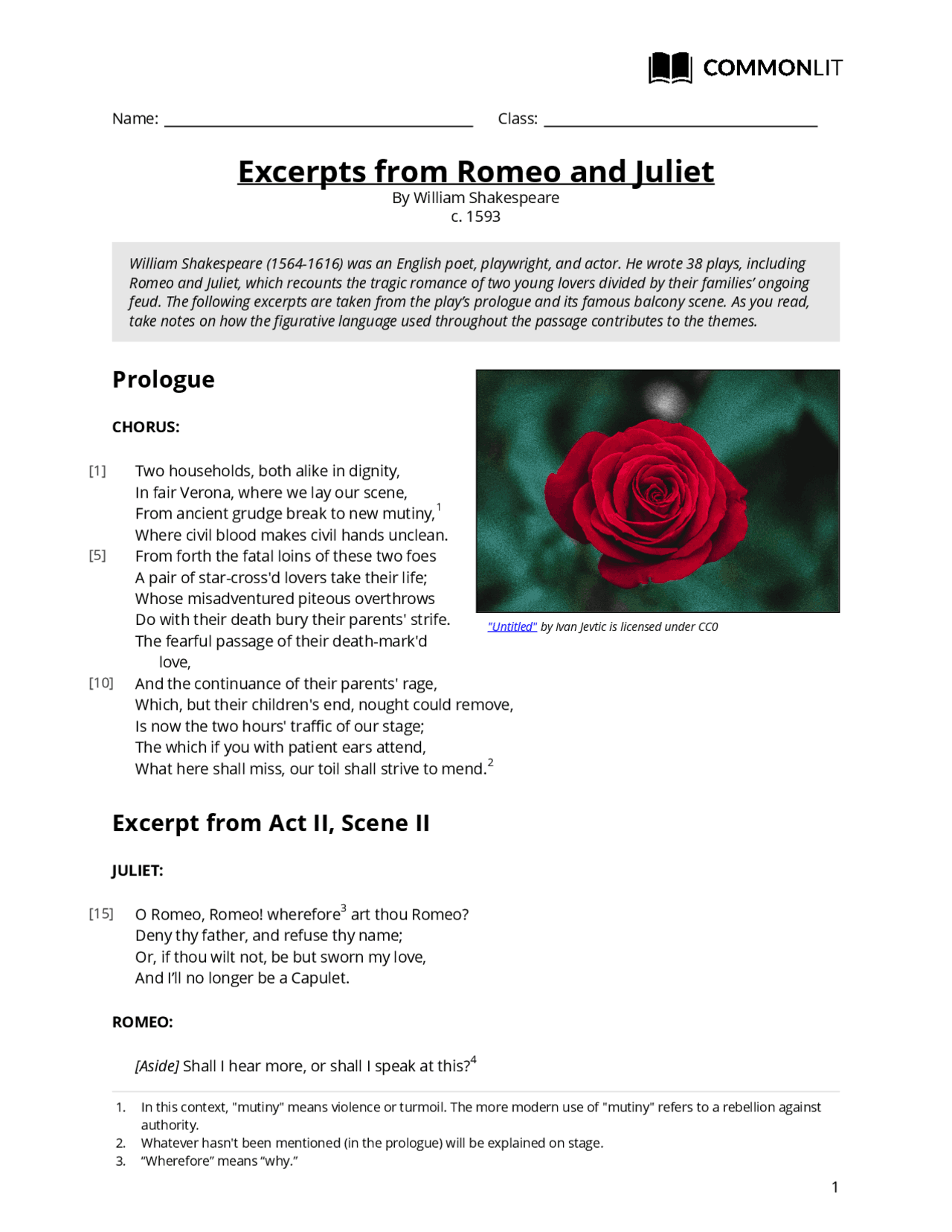 CommonLit | Excerpts from Romeo and Juliet | Summaries Art | Docsity