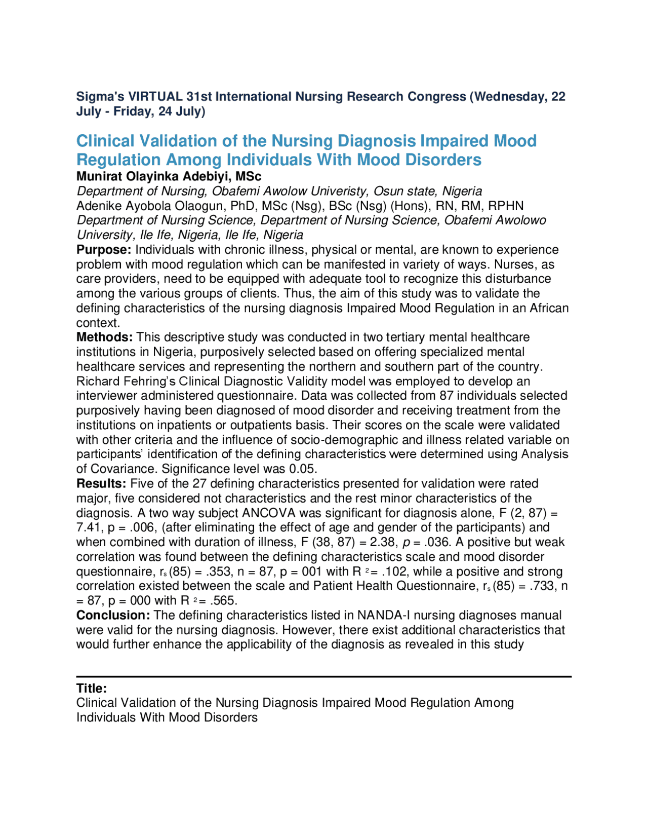 Clinical Validation of the Nursing Diagnosis Impaired Mood ... | Slides ...