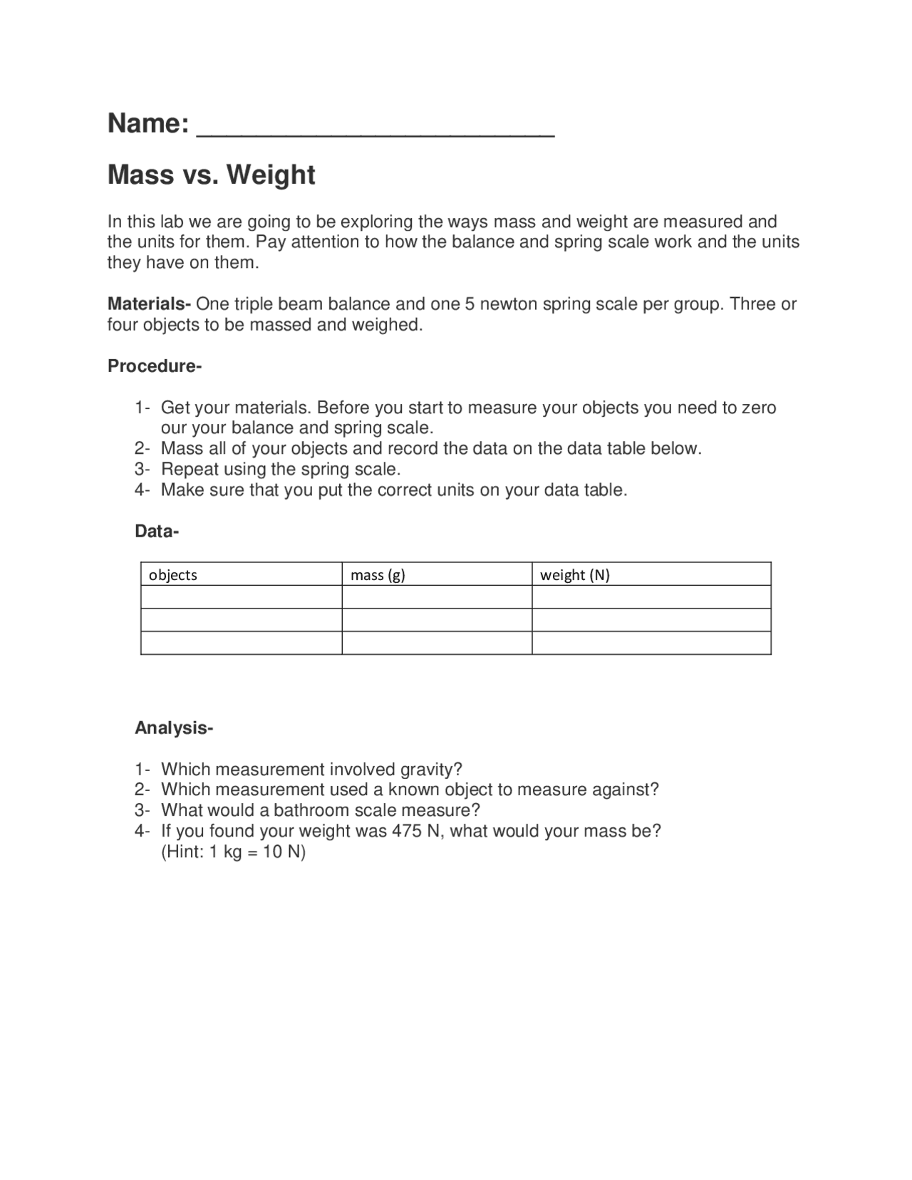 Name: Mass vs. Weight | Study notes Design | Docsity