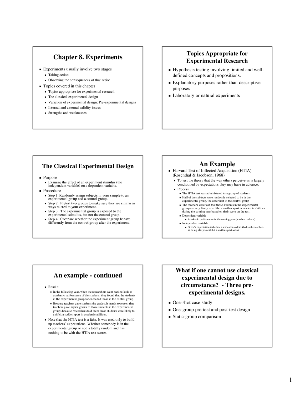 Chapter 8 Experiments An Example An Example Summaries Experimental