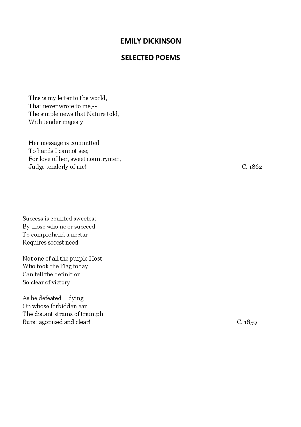 Emily Dickinson Selected Poems Exams Poetry Docsity