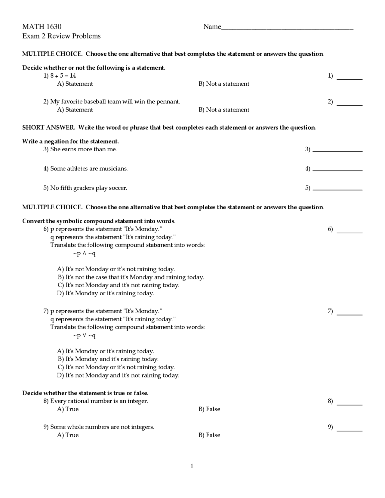 Exam 2 Review Problems.tst | Summaries Discrete Mathematics | Docsity