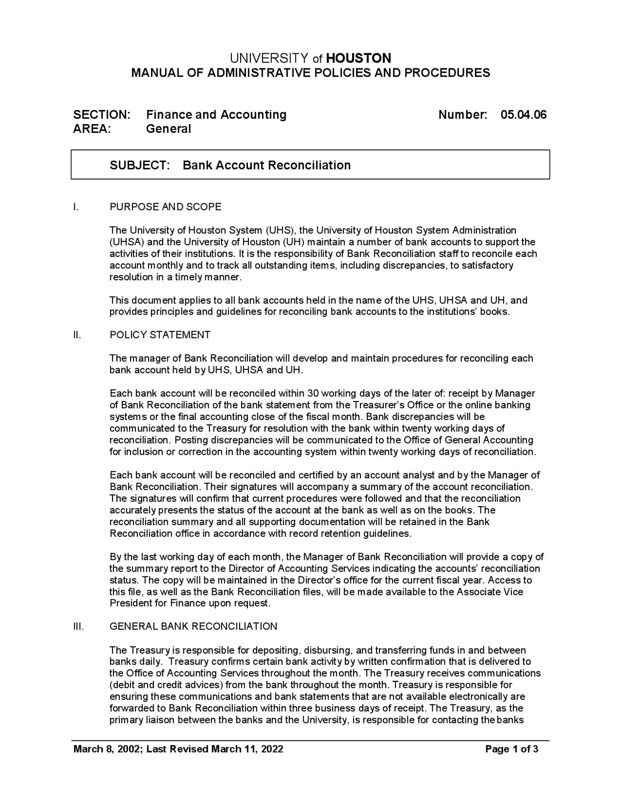 SUBJECT: Bank Account Reconciliation | Exercises Accounting | Docsity