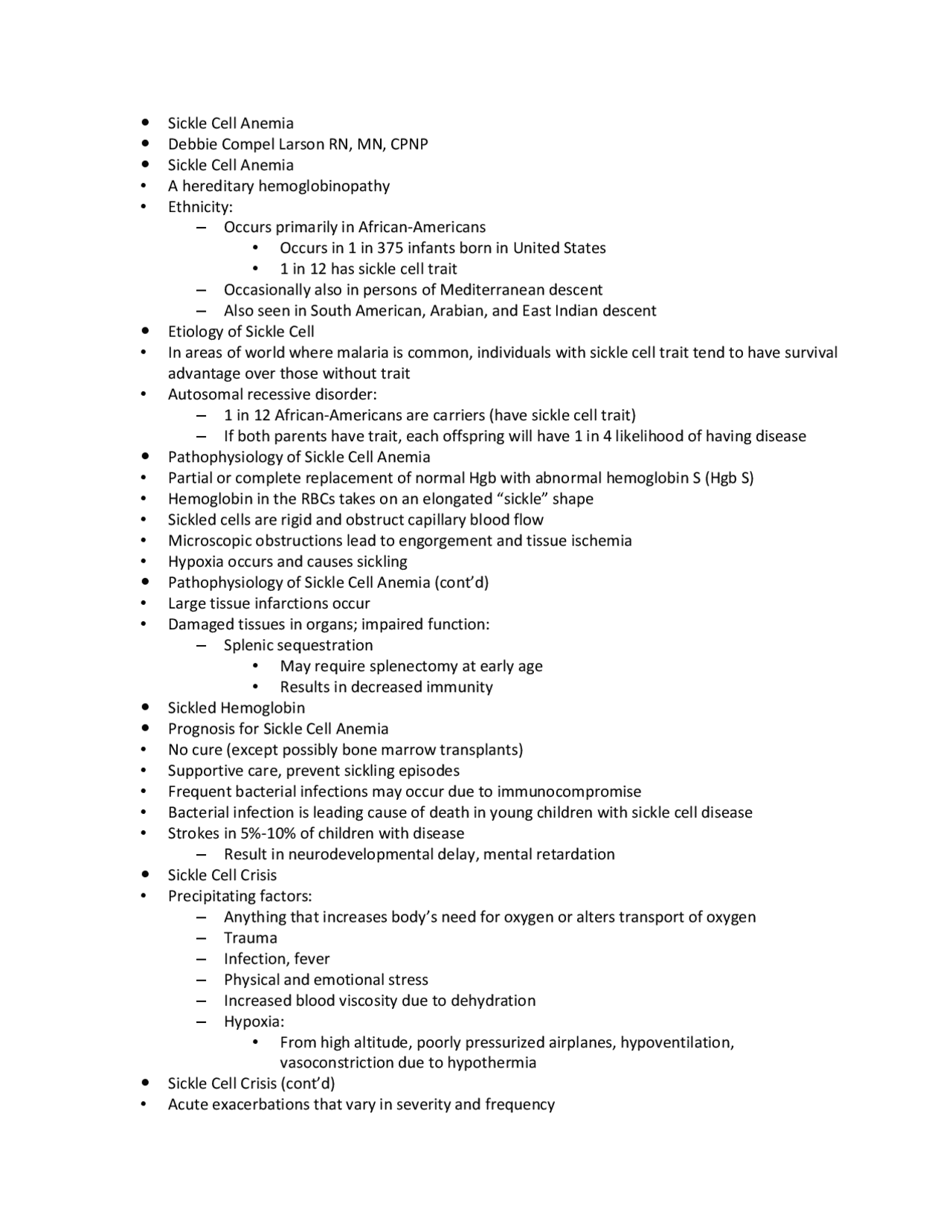 Sickle Cell Anemia Debbie Compel Larson RN, MN, CPNP ... | Lecture ...