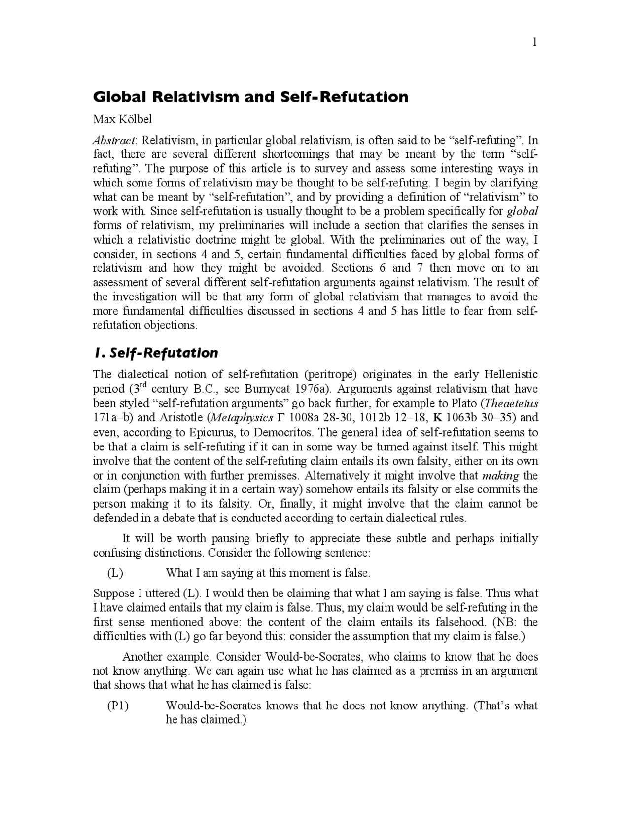 Global Relativism and Self-Refutation | Summaries Logic | Docsity