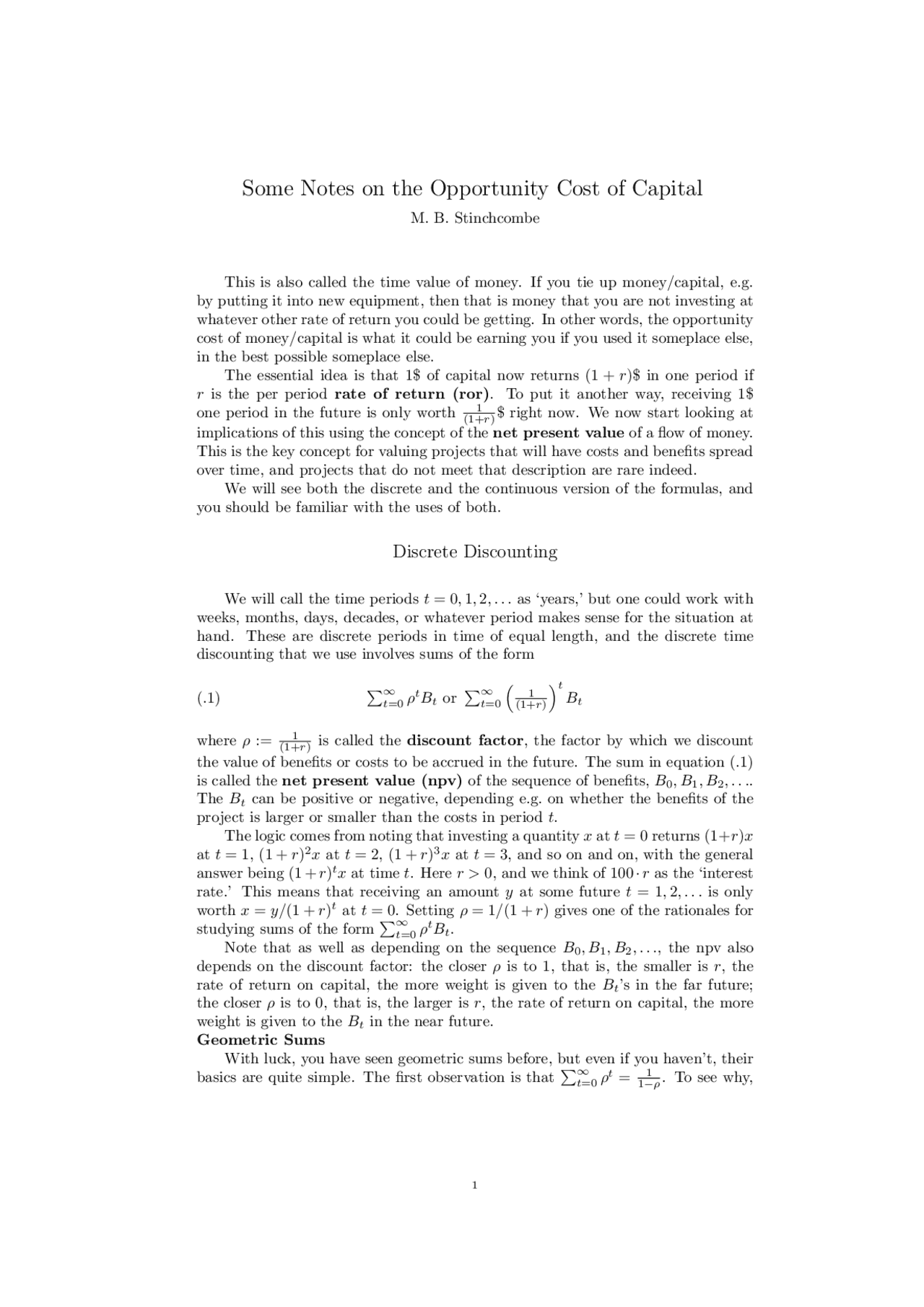 Some Notes On The Opportunity Cost Of Capital Summaries Calculus