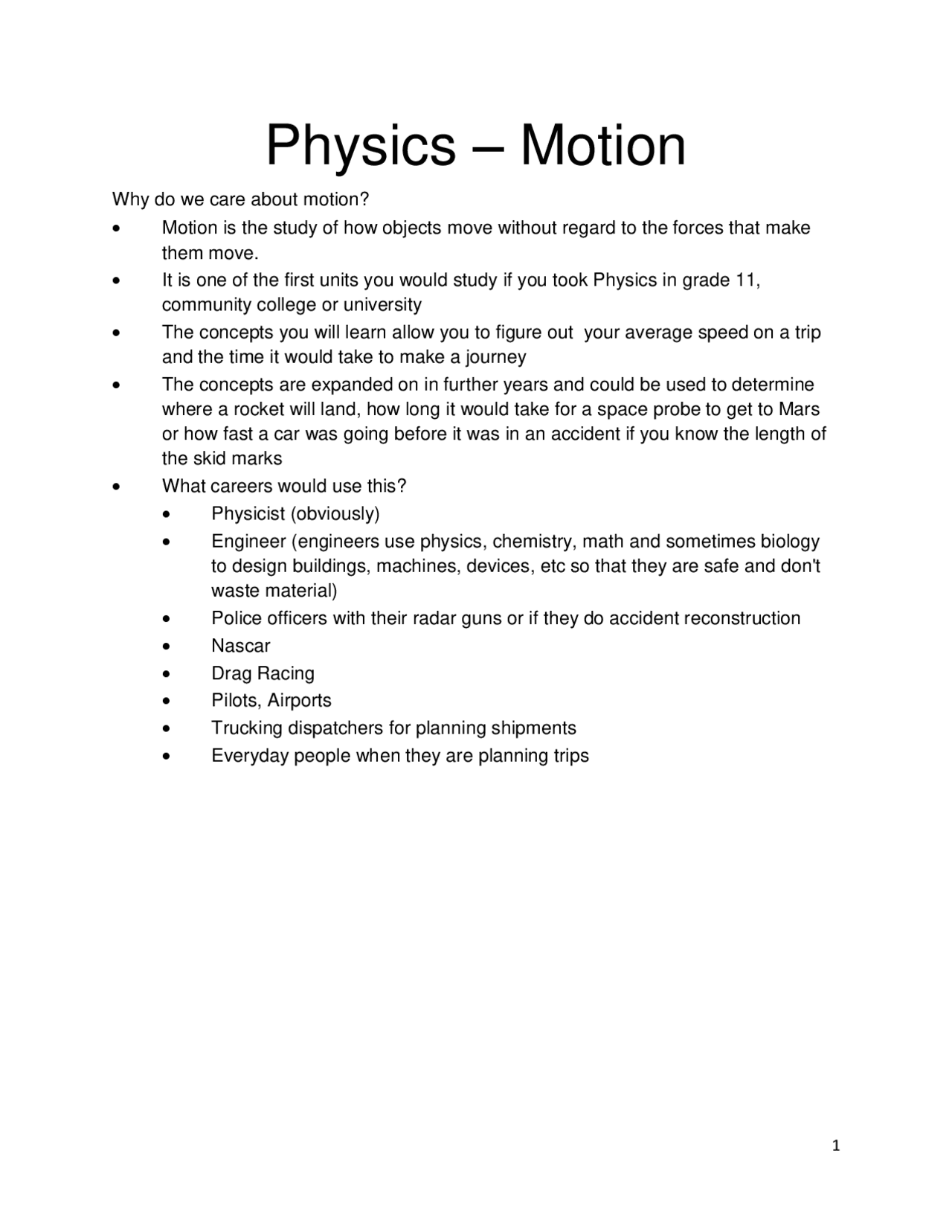 Motion Physics Exercises Physics Docsity