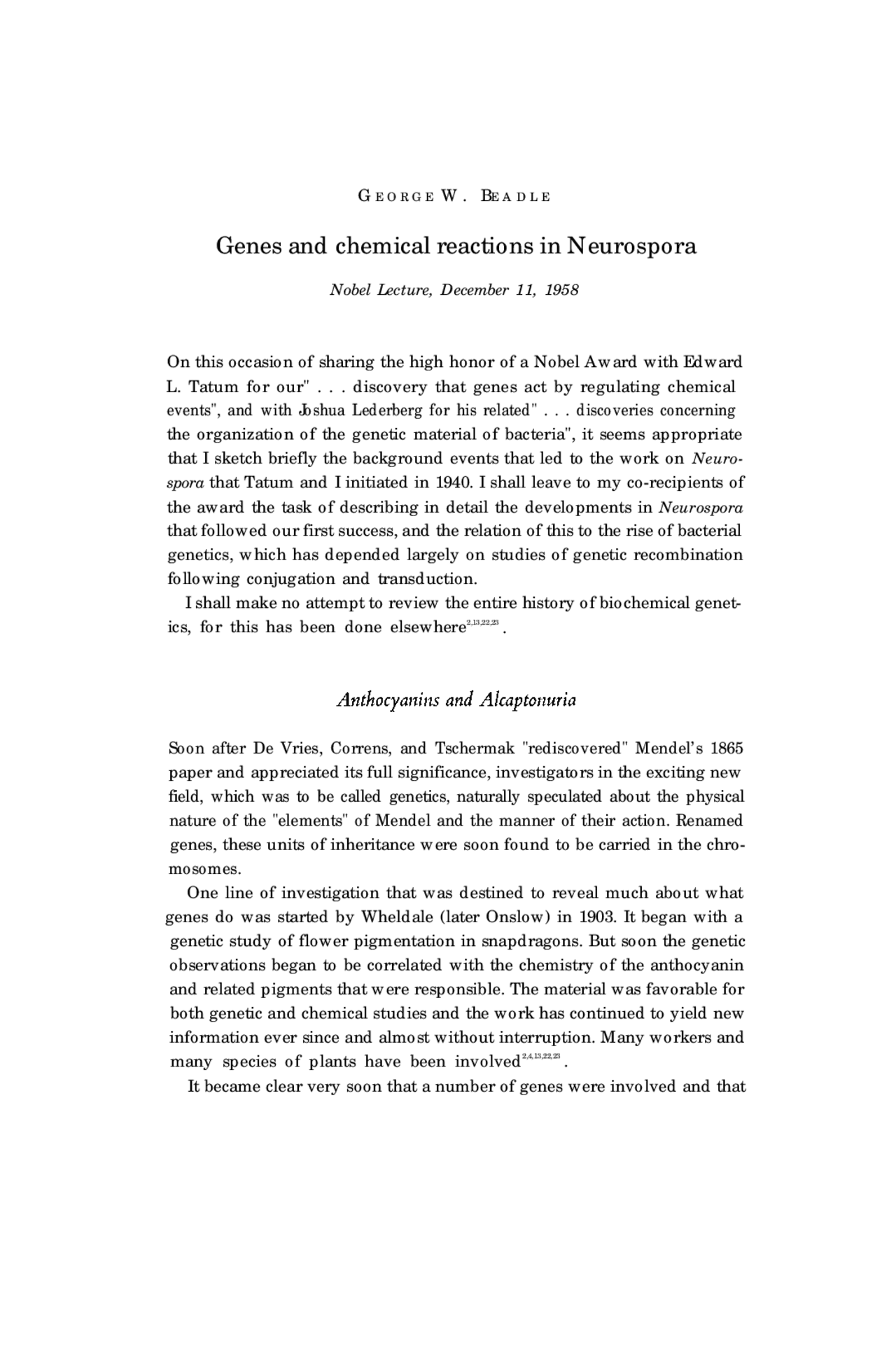 George W. Beadle | Study notes Genetics | Docsity