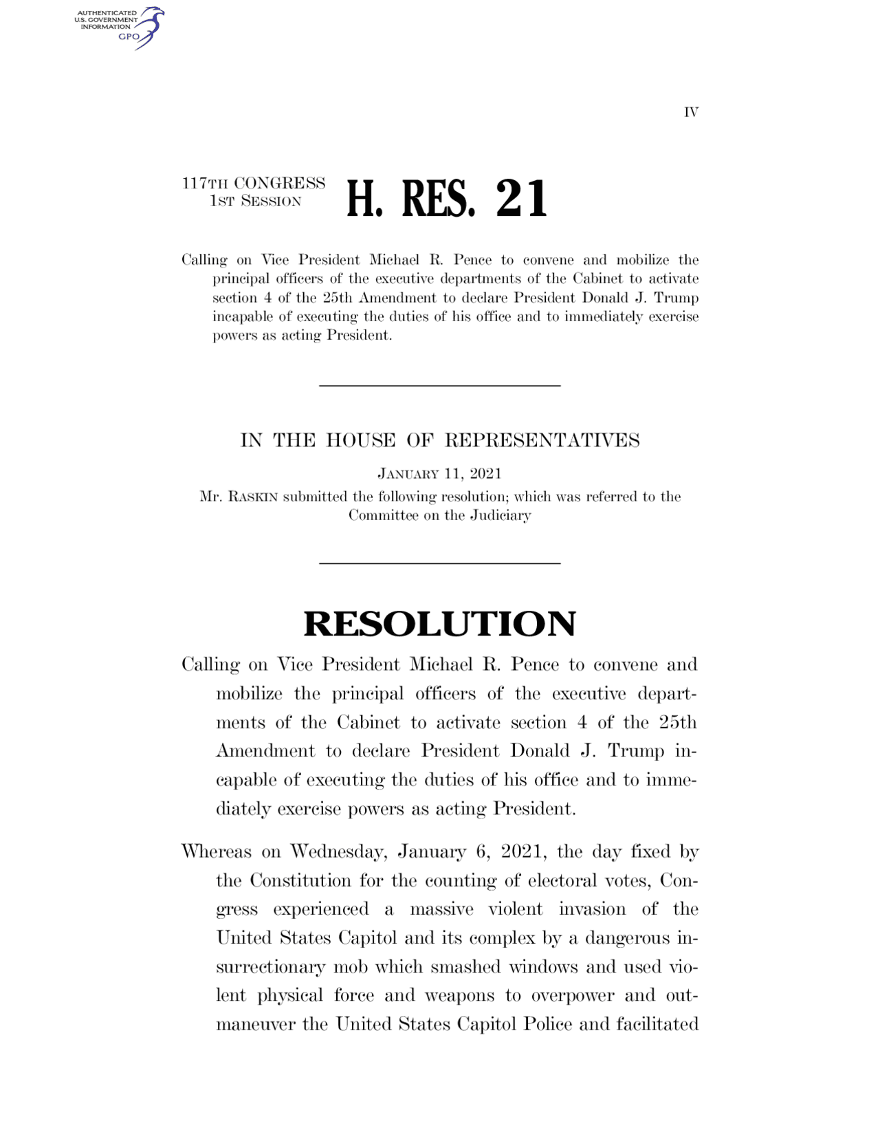 H. RES. 21 | Lecture notes Acting | Docsity