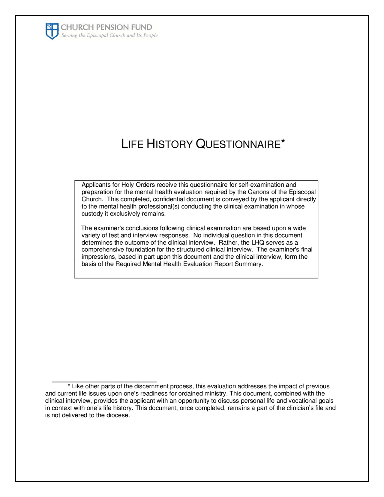 LIFE HISTORY QUESTIONNAIRE* | Study notes History | Docsity