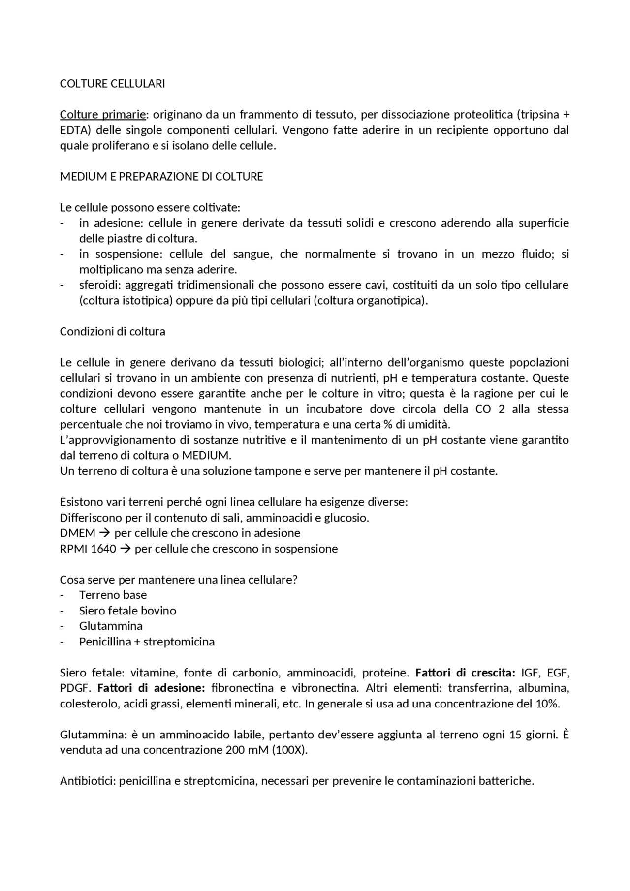 Colture cellulari e preparazione di colture | Schemi e mappe concettuali di Biologia | Docsity