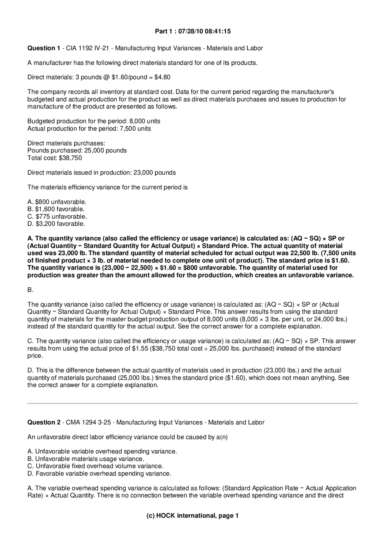 Manufacturing Input Variances | Exercises Design | Docsity