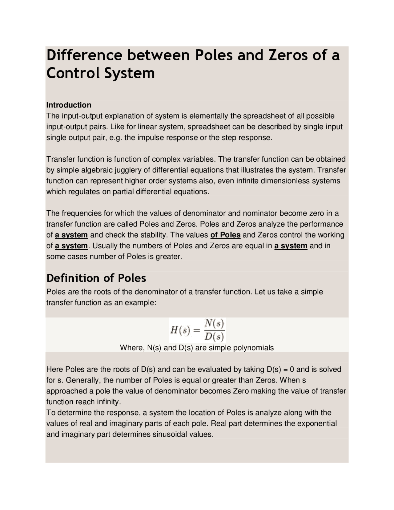 Difference between Poles and Zeros of a Control System | Study notes ...