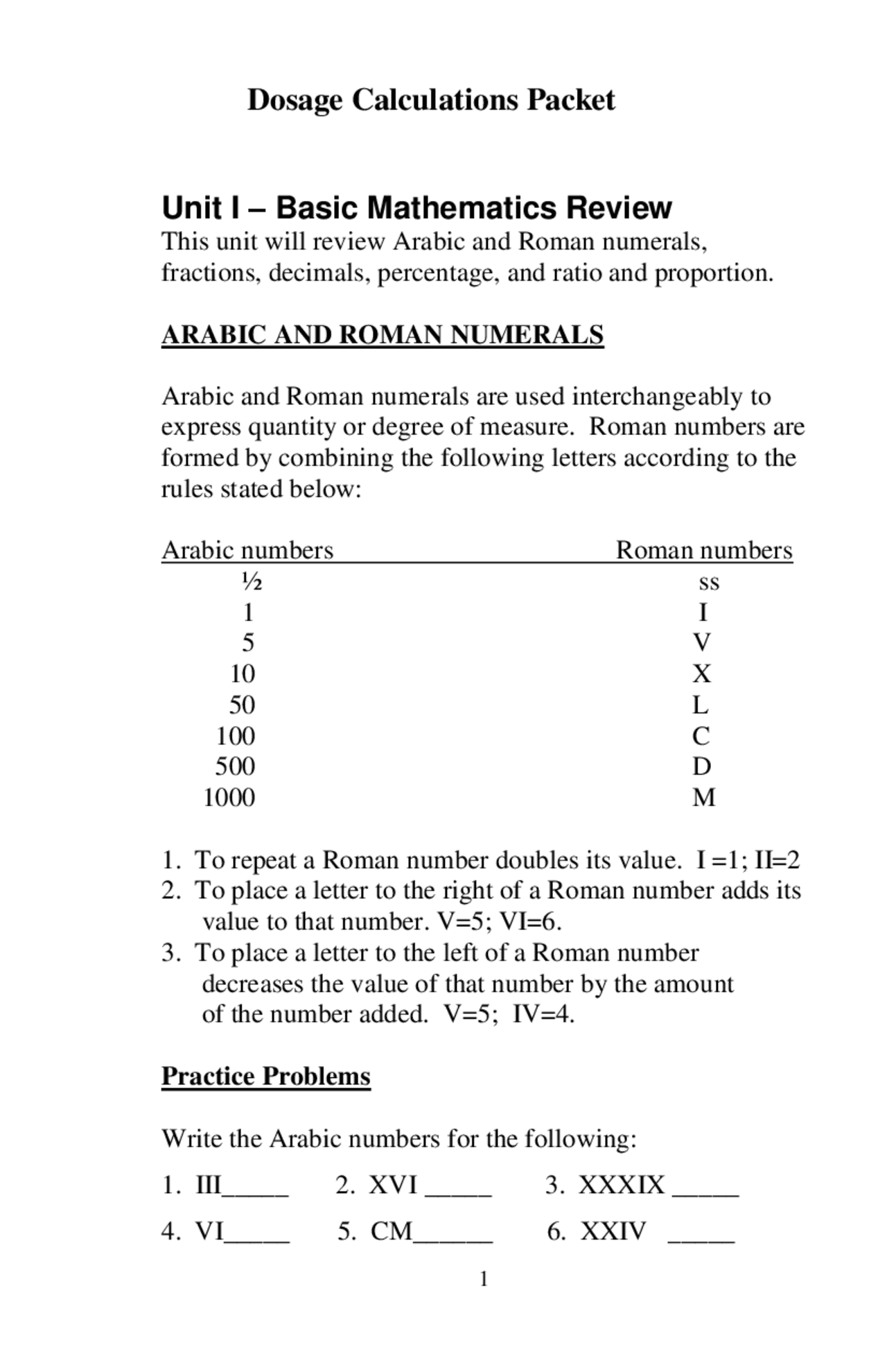 Dosage Calculations Packet Unit I Basic Mathematics Review Schemes