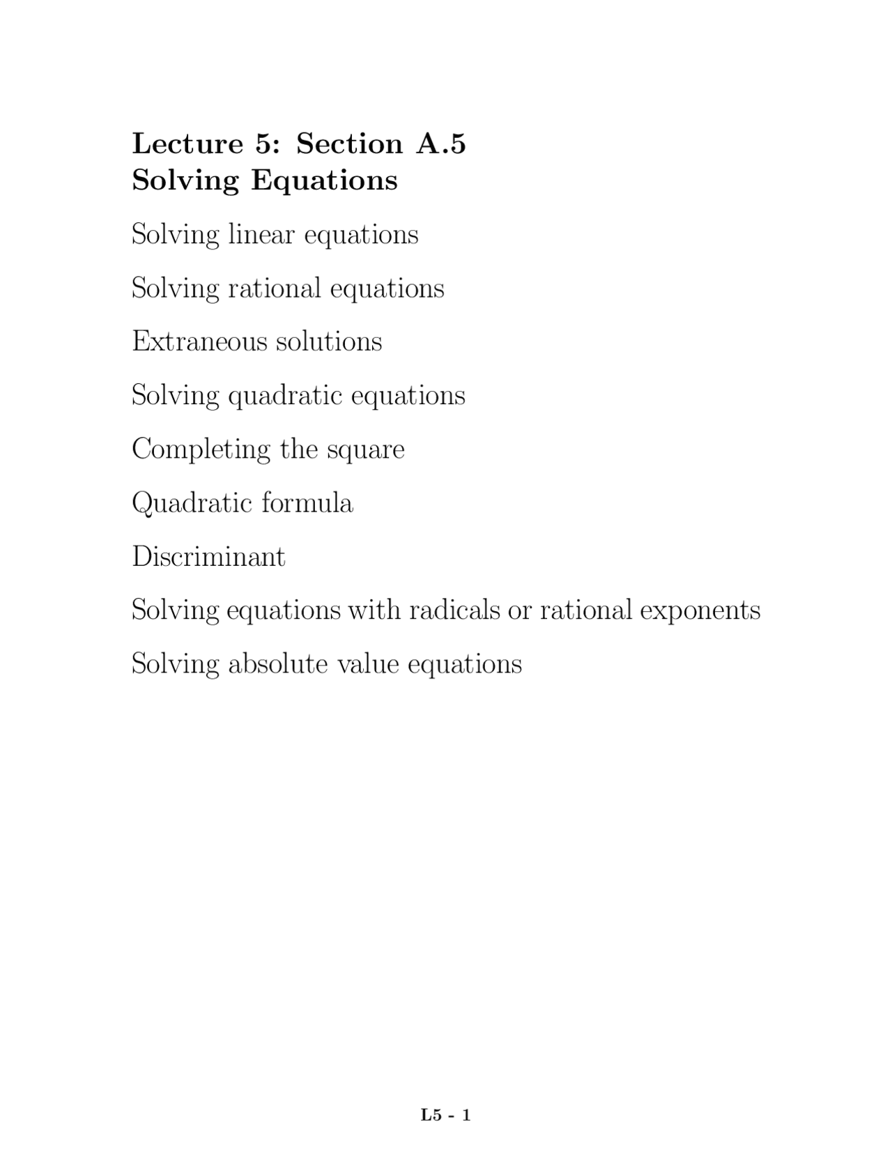 Lecture 5: Section A.5 Solving Equations Solving linear ... | Slides ...