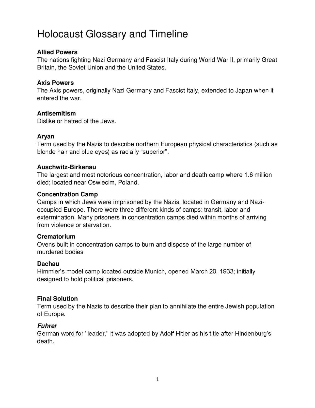 Holocaust Glossary and Timeline | Study notes German | Docsity