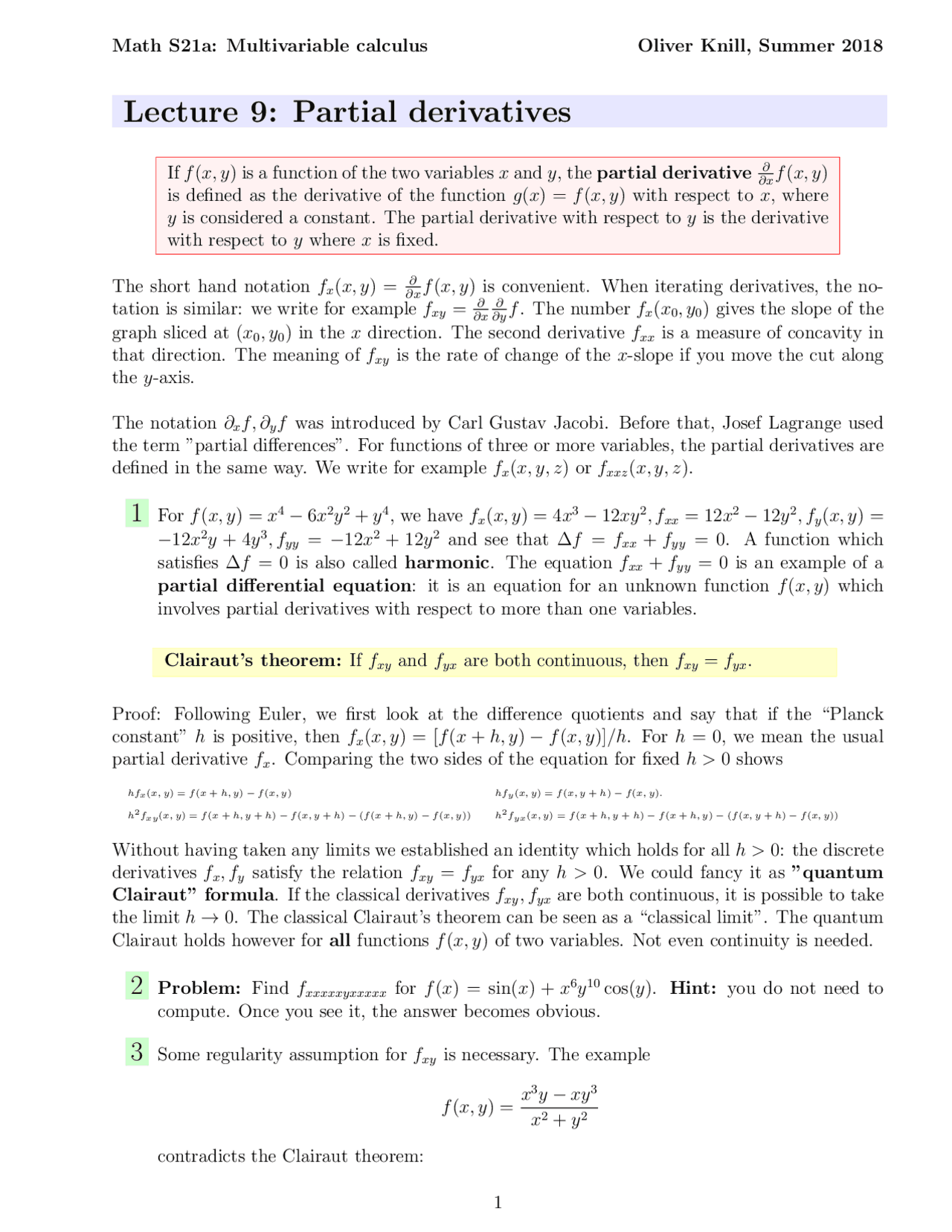 Lecture 9: Partial derivatives | Summaries Mathematics | Docsity