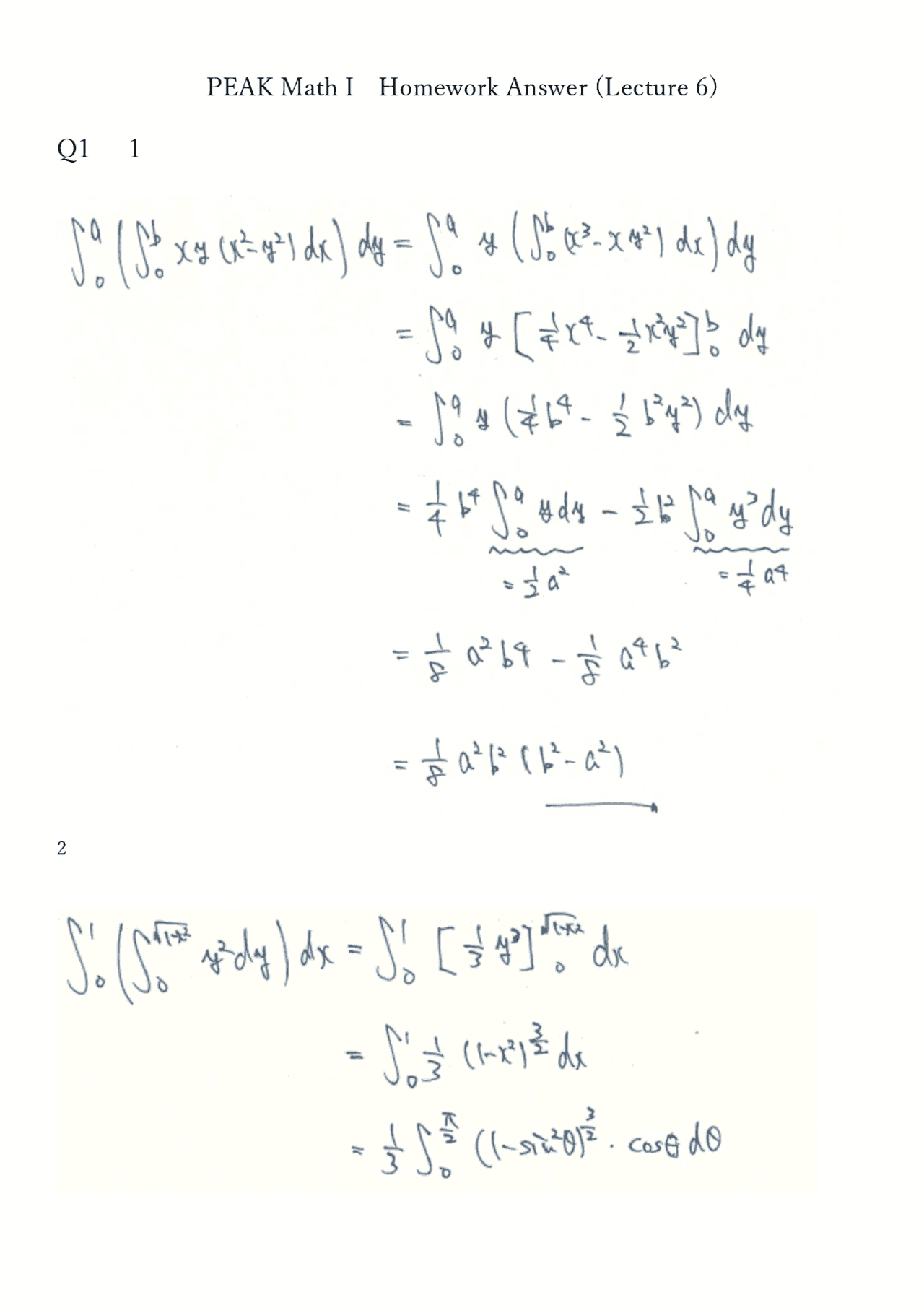PEAK Math I Homework Answer (Lecture 6) Q1 1 | Exercises Calculus | Docsity