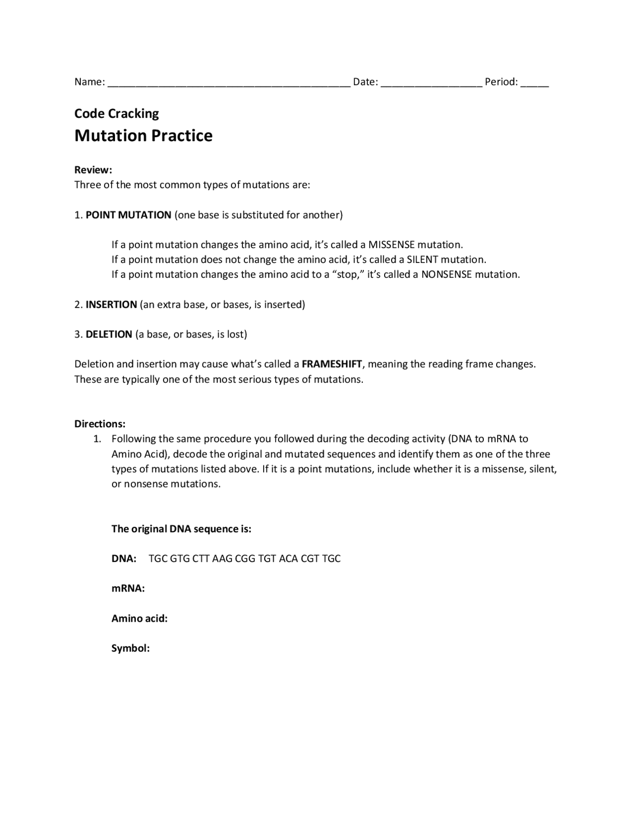 Mutation Practice Exercises Genetics Docsity