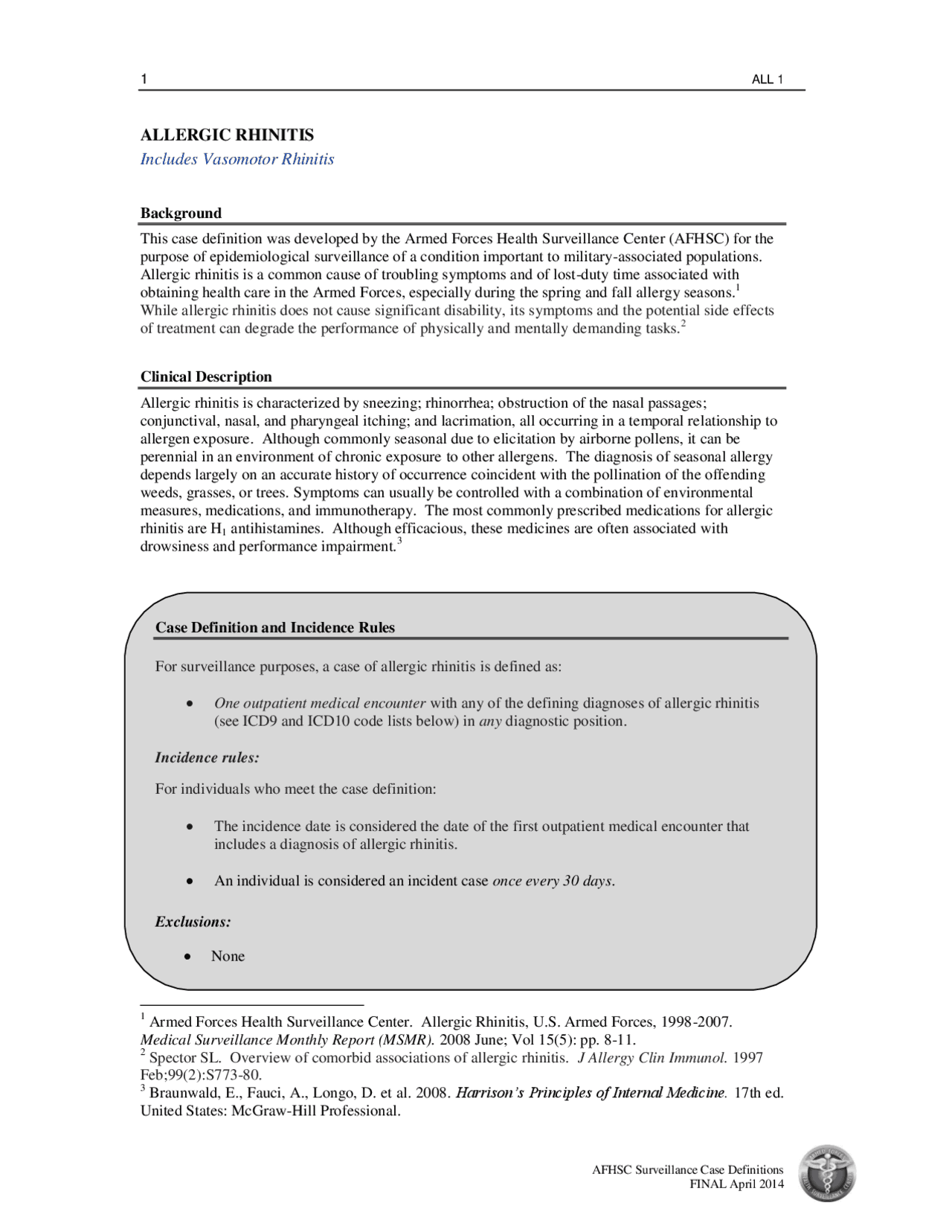 Case Definition: Allergic Rhinitis | Lecture notes History | Docsity