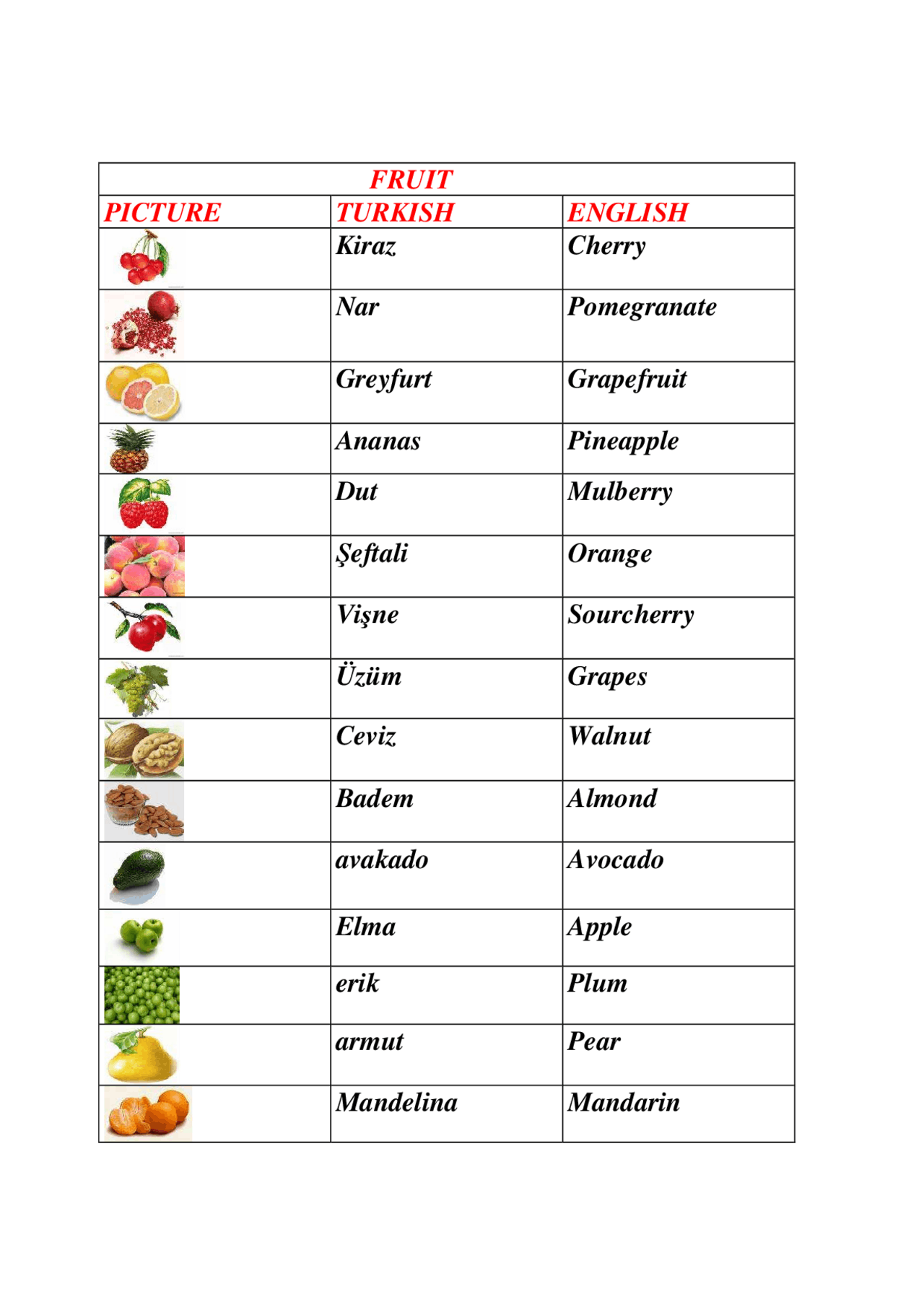 FRUIT PICTURE TURKISH ENGLISH Kiraz Cherry Nar ... | Summaries English ...