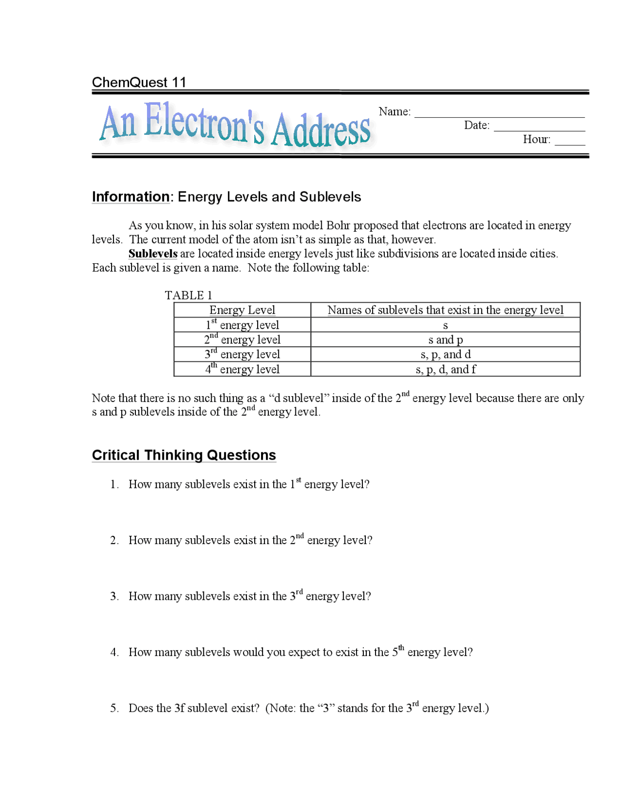 Energy Levels and Sublevels Critical Thinking Questions | Slides ...
