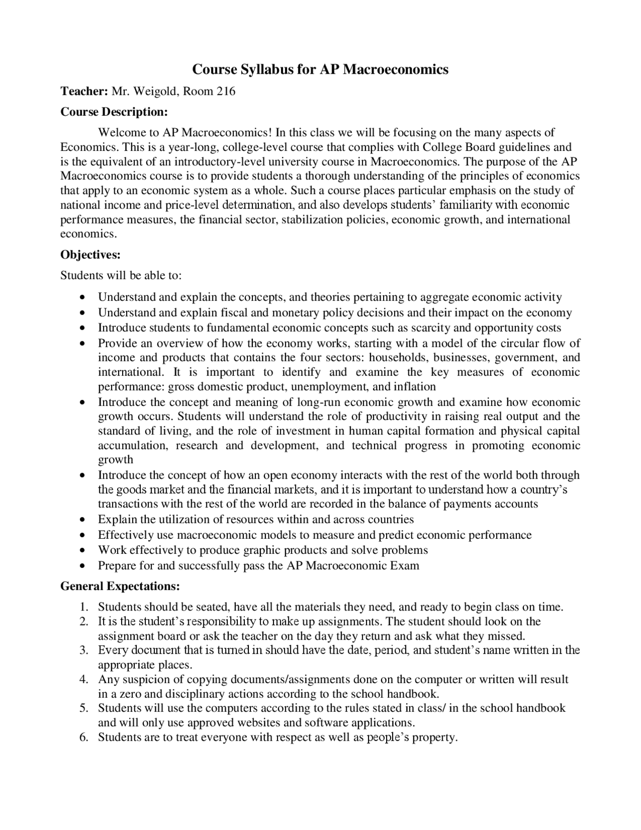 Course Syllabus for AP Macroeconomics | Exams Macroeconomics | Docsity