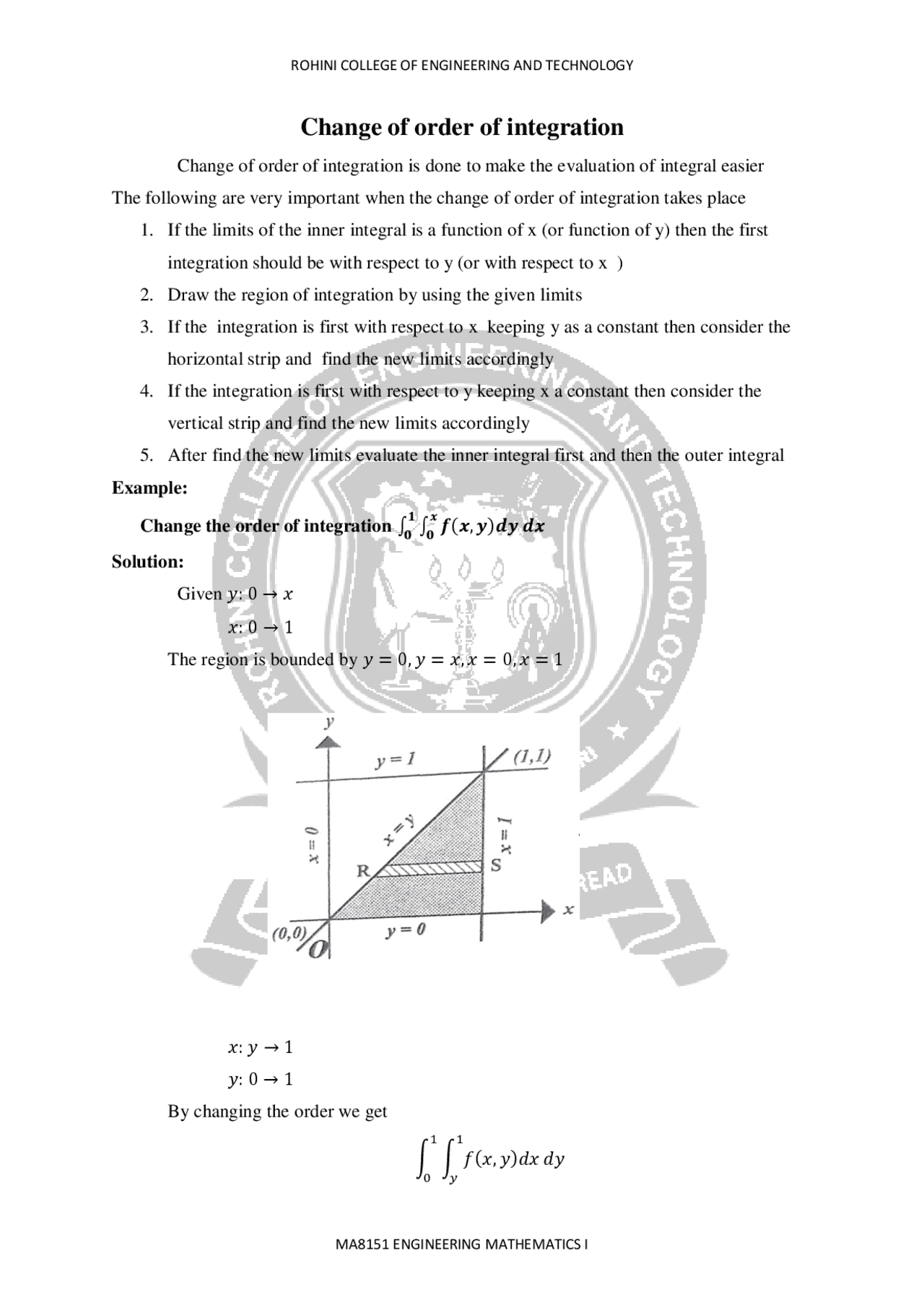 Change of order of integration | Exams Engineering | Docsity