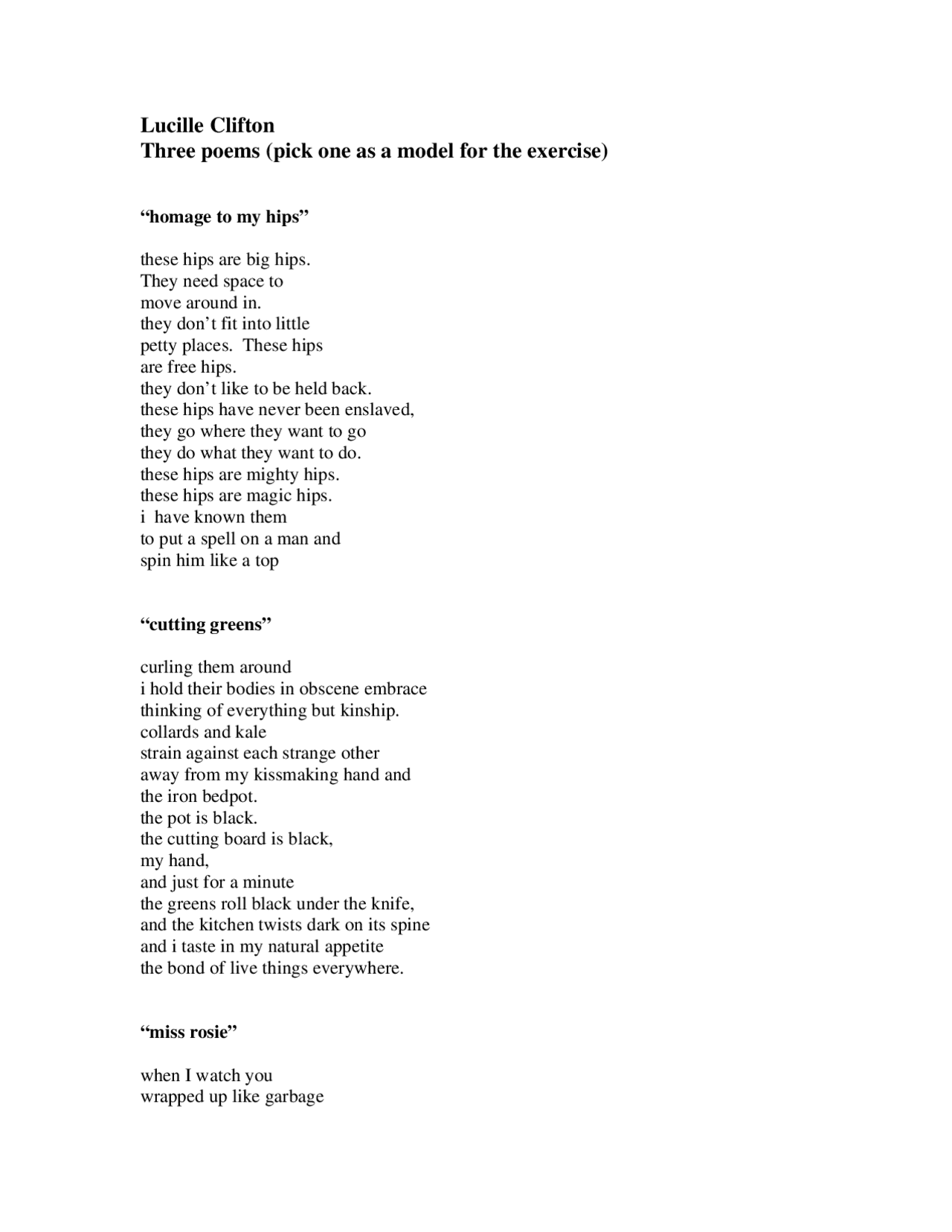 Clifton Three poems (pick one as a model for the exercise) | Exercises ...